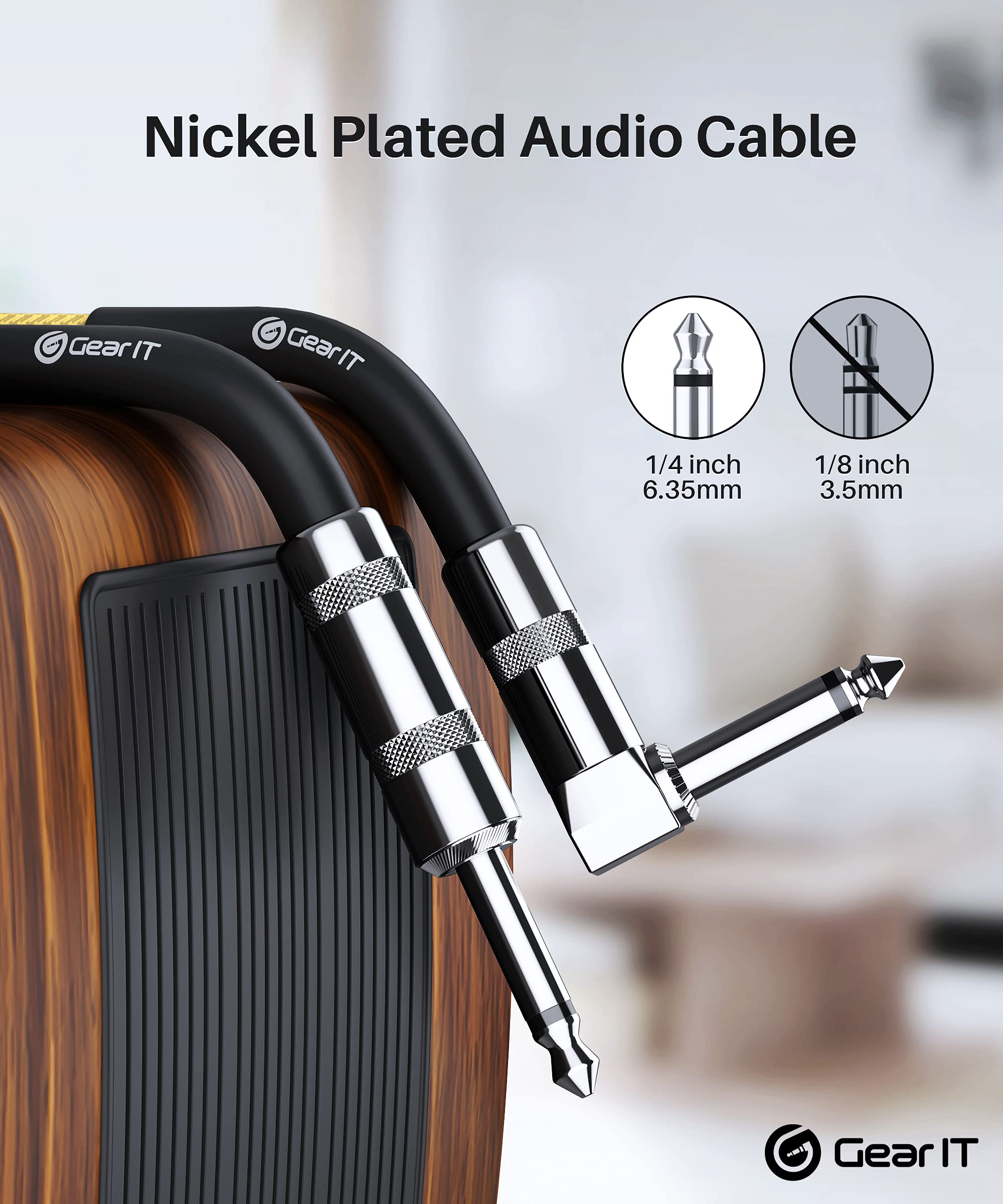 GearIT Audio Instrument Cable (10ft) Right Angle to Straight 1/4 Inch Male to Male for AMP Cord, Base and Electric Guitar - Black/White