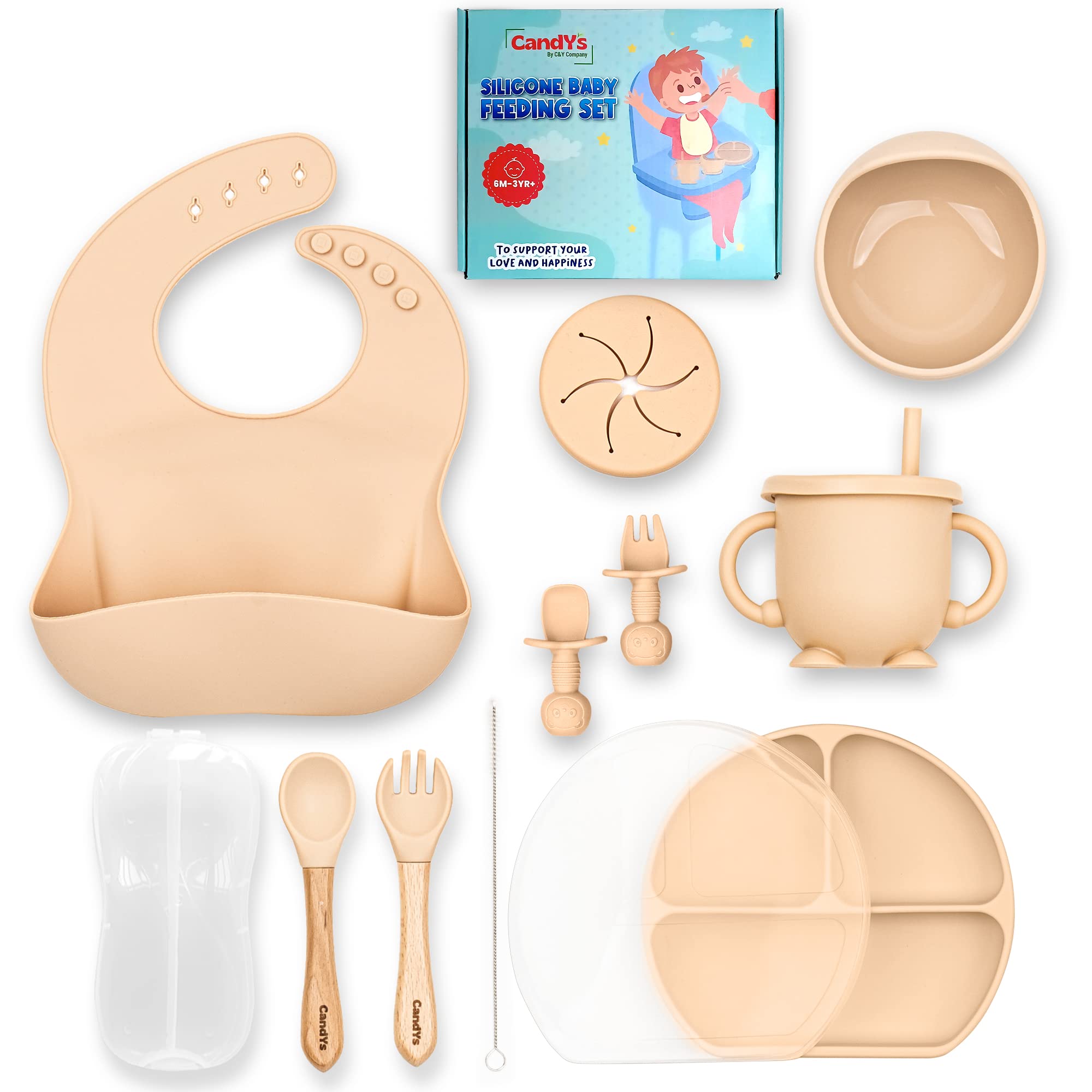 Baby Led Weaning Supplies Silicone Baby Feeding Setā11Pcs Baby Feeding Supplies with Suction Bowl and Plate, Fork, Spoon, Bib, Sippy Cup, Food-Grade Silicone Baby Utensils (Beige)