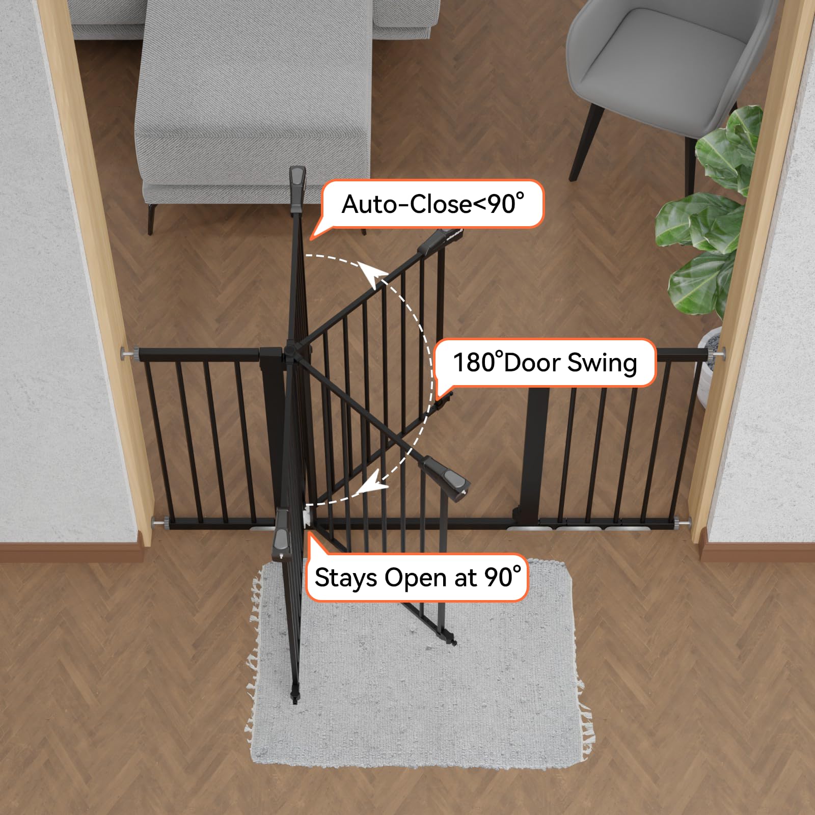 BABELIO 29-55 Inch Extra Wide Baby Gate, Metal Auto Close Dog Gate, Pressure Mounted Pet Gate for Doorways, NO Tools Needed NO Drilling, with Wall Cups, Black