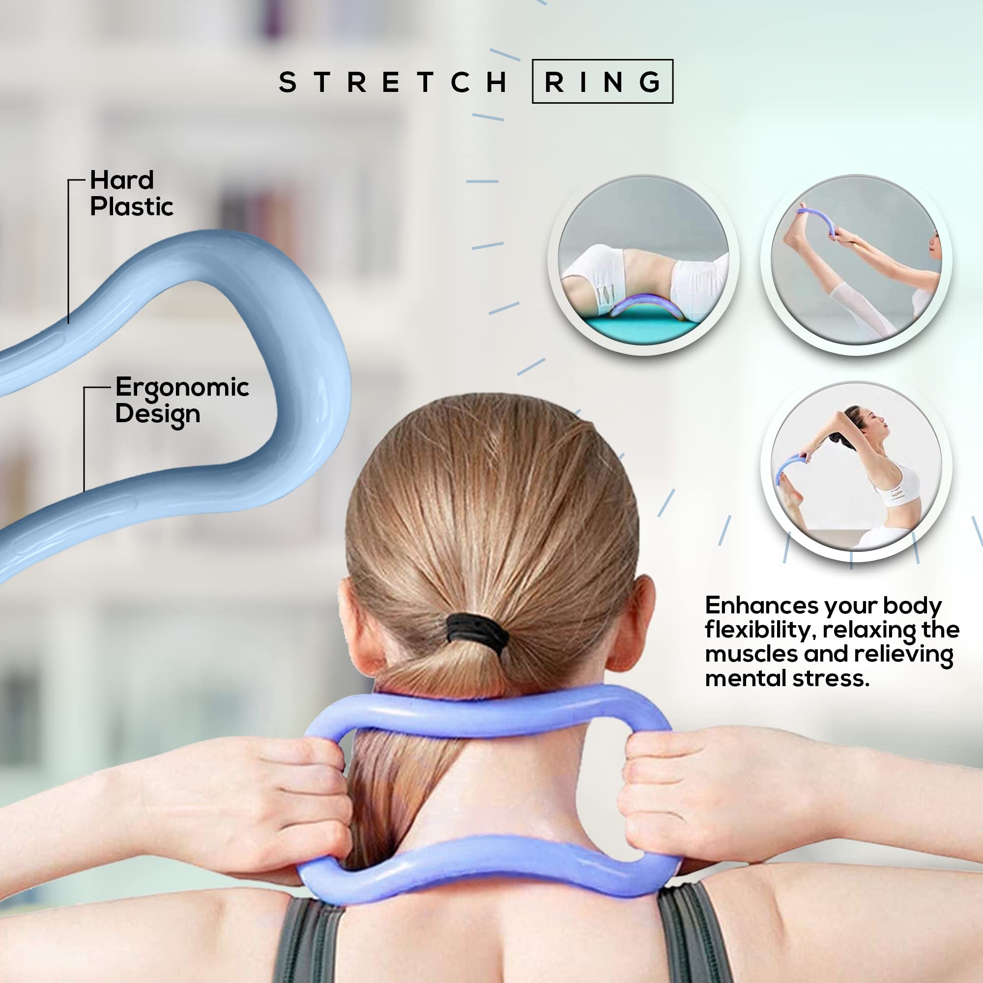 BAMBIKI Stretch Set of 3– Posture Corrector, Yoga Stick Stretching Tool – Stretching Ring – Stretch Strap with Carry Bag– Perfect for Yoga, Pilates and Physical Therapy (Blue)
