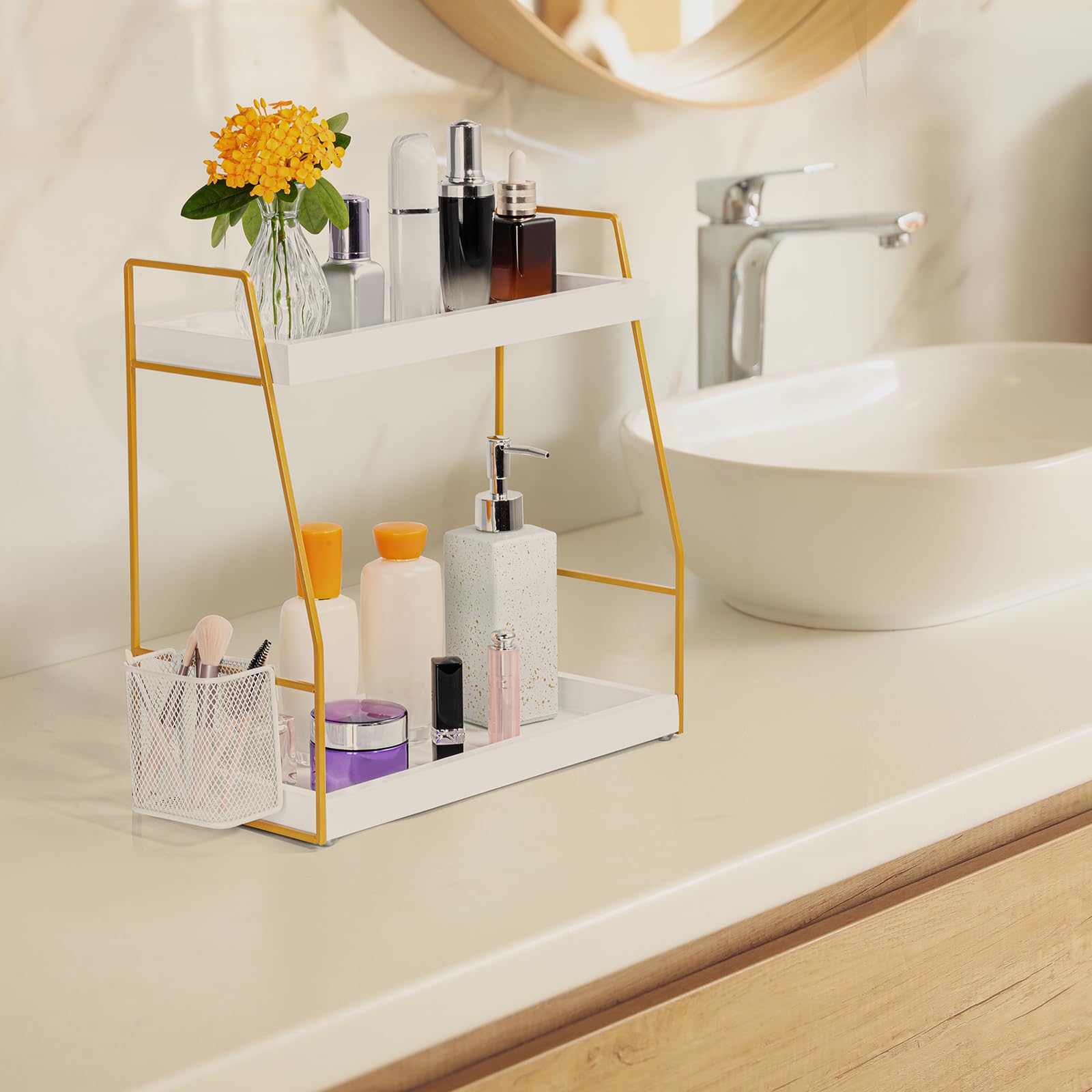 BYT Bathroom Organizer Countertop, 2-Tier Bathroom Organizer Tray for Counter with Basket, Vanity Organizer and Storage for Makeup Bedroom, Wood Spice Rack Organizer for Kitchen (Golden+White)
