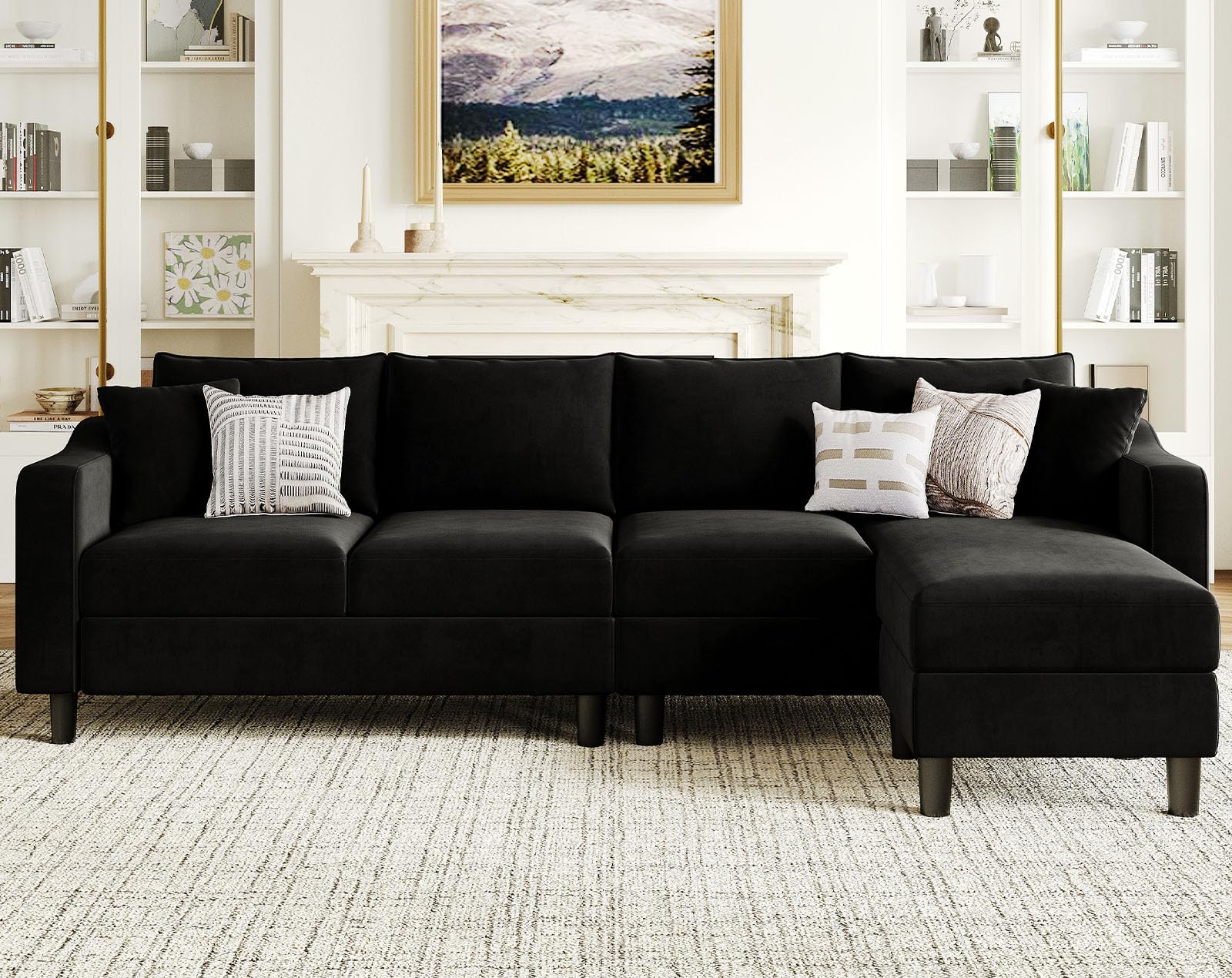 Belffin Velvet Convertible Sectional Sofa L Shaped Couch Reversible Sectional Sofa with Chaise Velvet 4 Seat Sectional Sofa (Black)…