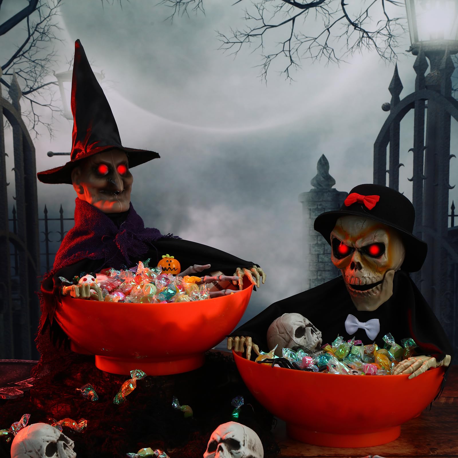 Sliner 2 Pack Halloween Candy Bowl Witch Candy Bowl & Skull Candy Bowl w/ LED Eyes & Creepy Sound (Sound Activated) Trick or Treat, Candy Holder Halloween Party & Easter Decorations (BIO-Sliner-80)