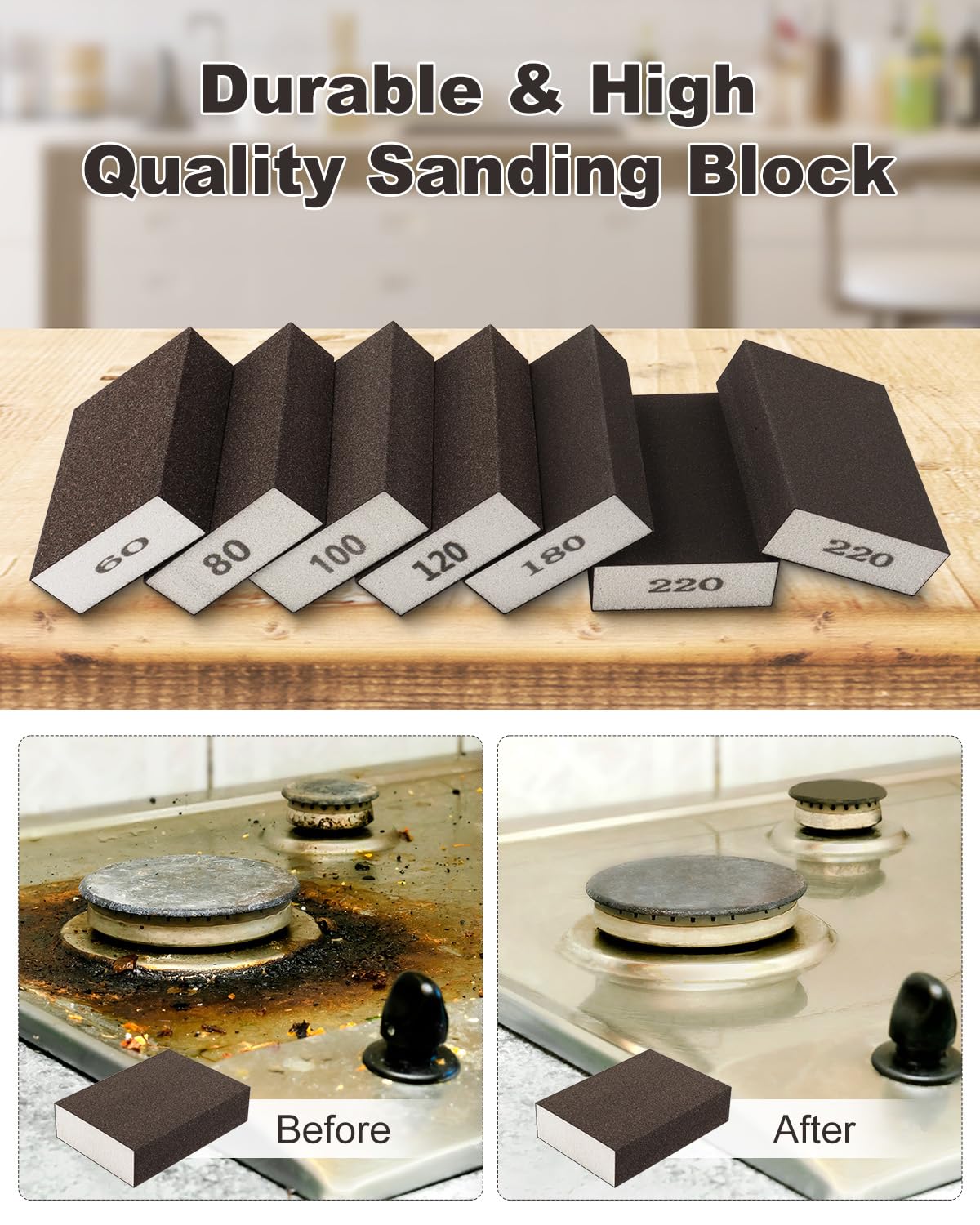 Rocaris 60 Pack Sanding Blocks, Washable and Reusable Sanding Sponge Fine Coarse for Wood and Drywall 60, 80, 100, 120, 180, 220 Grit