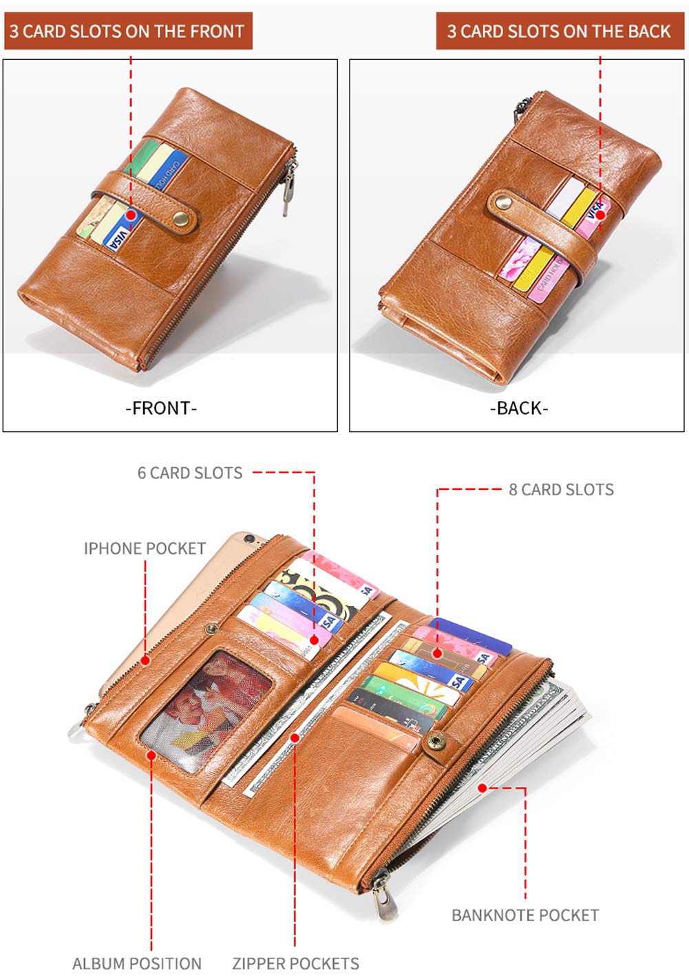 KELEEL Womens RFID Wallets Slim Cow Leather Large Capacity Bifold Purse Multi Card Case Wallet with Dual Zipper Pockets (Black)