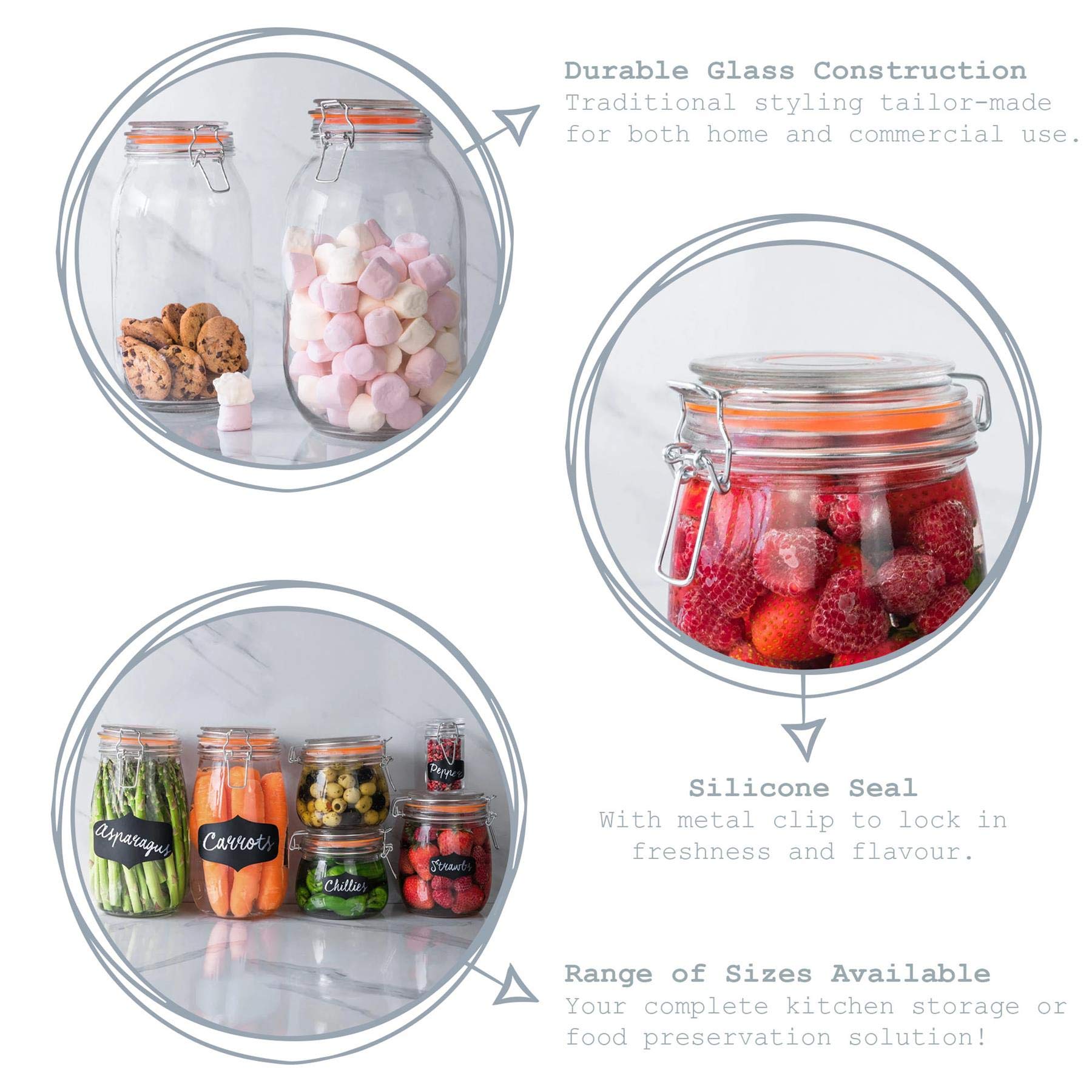 Argon Tableware 6X 1500ml (1.5 Litre) Clear Glass Storage Jars with Orange Airtight Silicone Seal and Metal Clip Lids - 50.7oz Large Empty Kitchen Containers