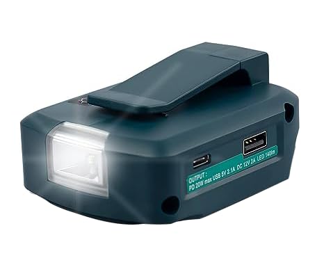 Battery Adapter for Bosch Professional 18v Battery Power Bank with 1 USB & 18W PD USB C & 12V DC Output Powering + LED Work Light-Varies Mode (Tool Bare, Battery is not Included)