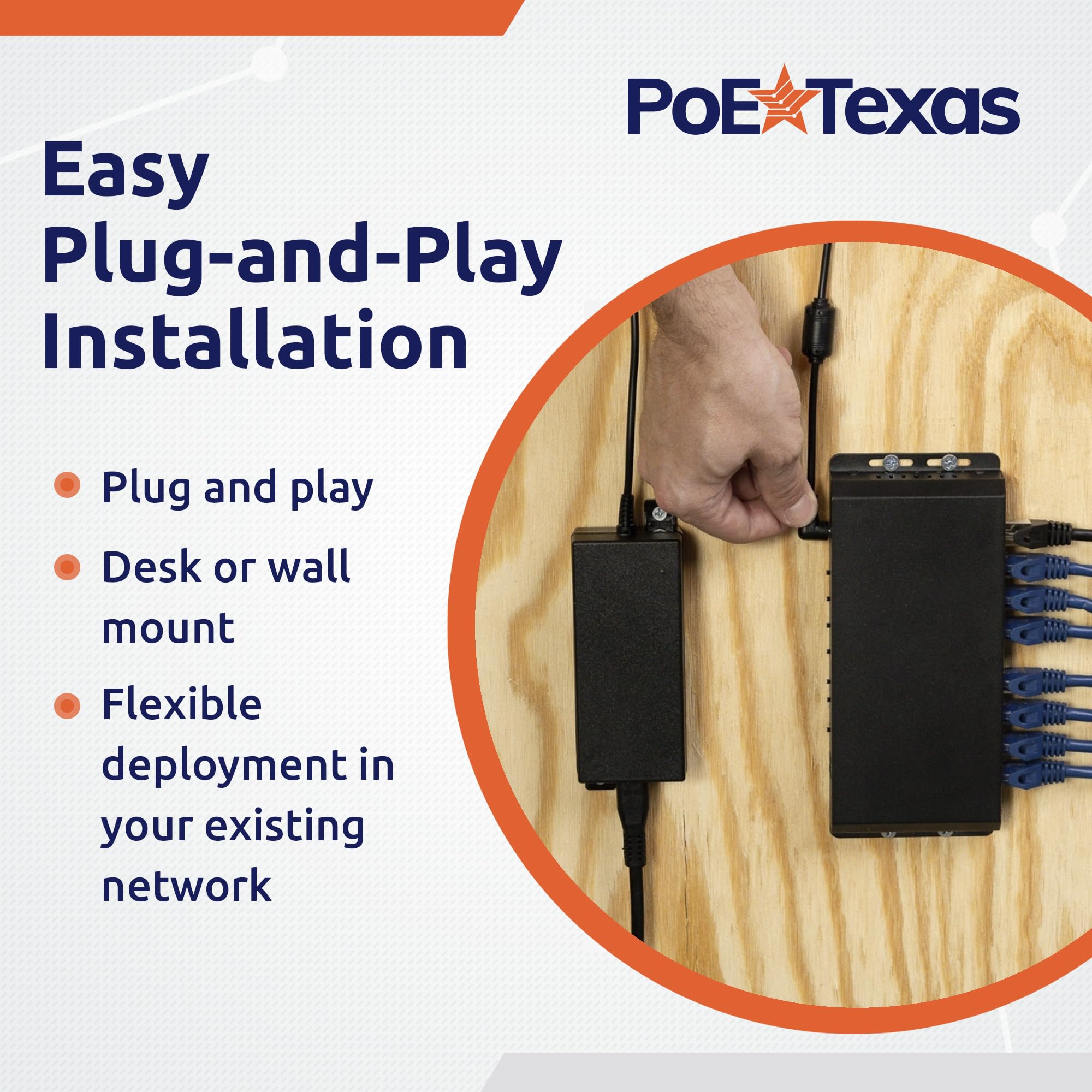 PoE Texas 8 Port Passive PoE Switch - 24v Passive Unmanaged Network Gigabit PoE Switch w/ 1 Uplink Port, Power 7 Devices, Includes 24 Volt 60 Watt Power Supply, for Ubiquiti & Mikrotik Devices