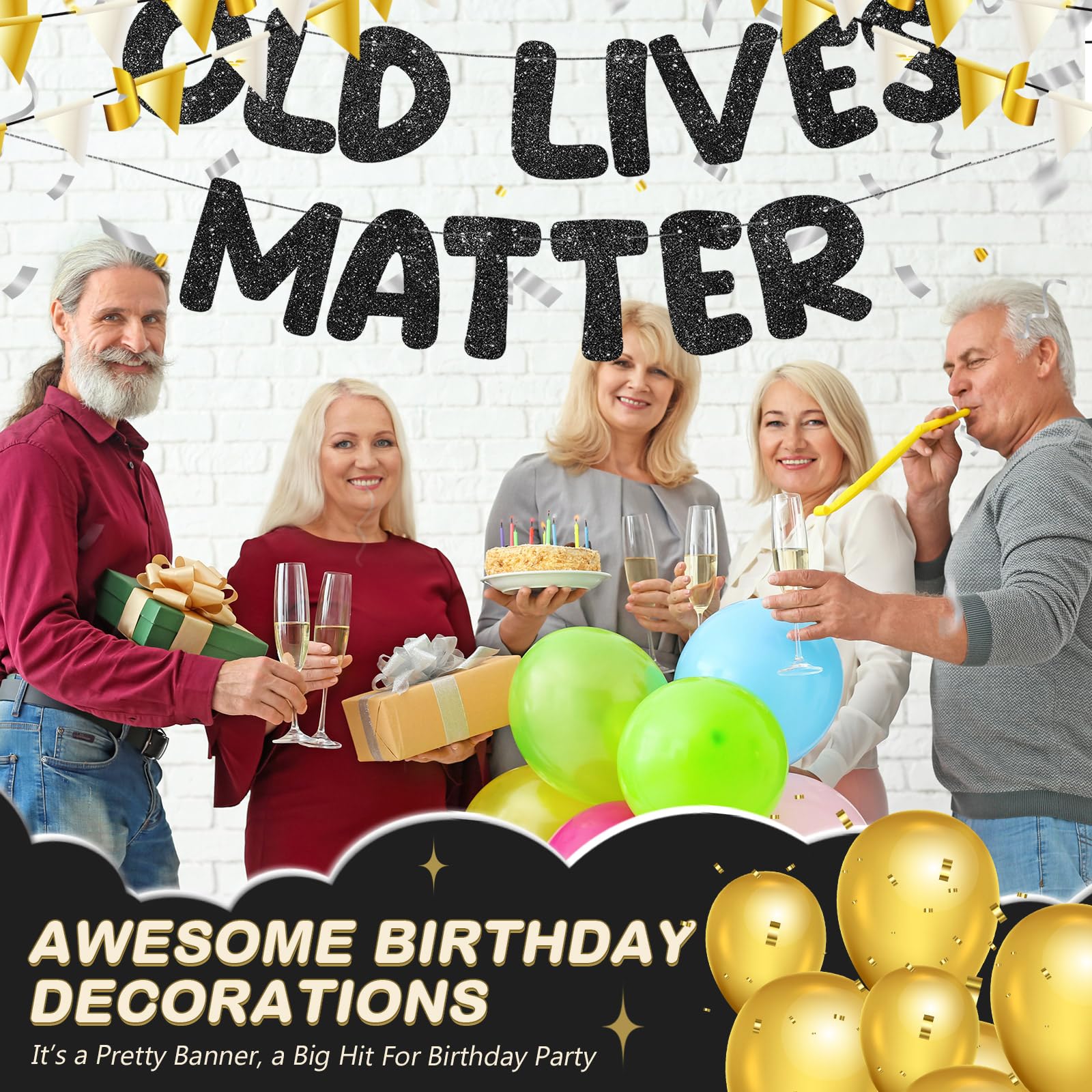 Fulmoon Pre Strung Old Lives Matter Banner 6.56 ft Funny Birthday Retirement Party Decorations 80th 70th 60th 50th Retirement Party Garland Bunting Decorations for Men Women (Glitter Black)