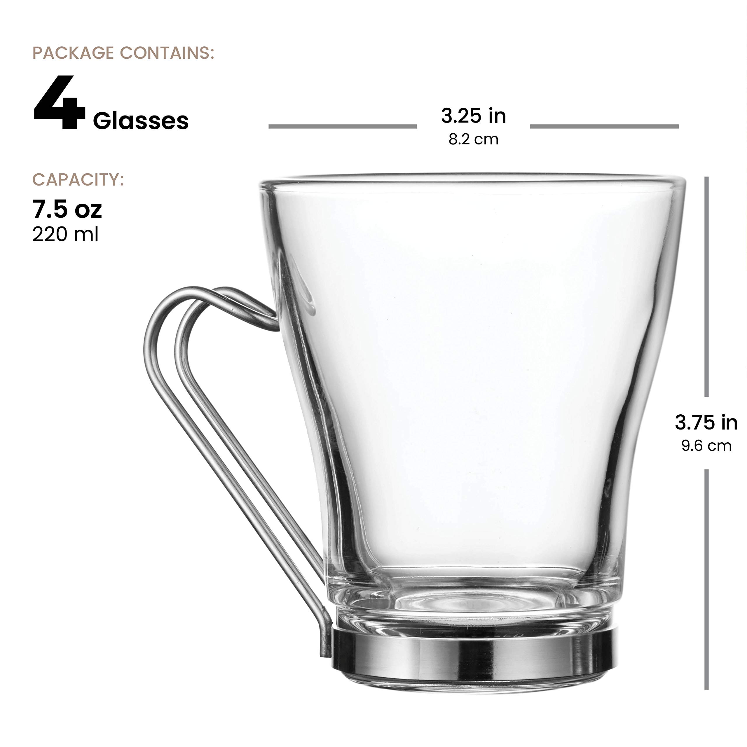 Bormioli Rocco OSLO Glass Coffee Mug - 7 ½ Ounce Espresso Cups (4 Pack) with Metal Handle Perfect Tea Glasses for hot and cold beverages, Thermal Shock Resistant, Tempered Glass, for Latte, Cappuccino