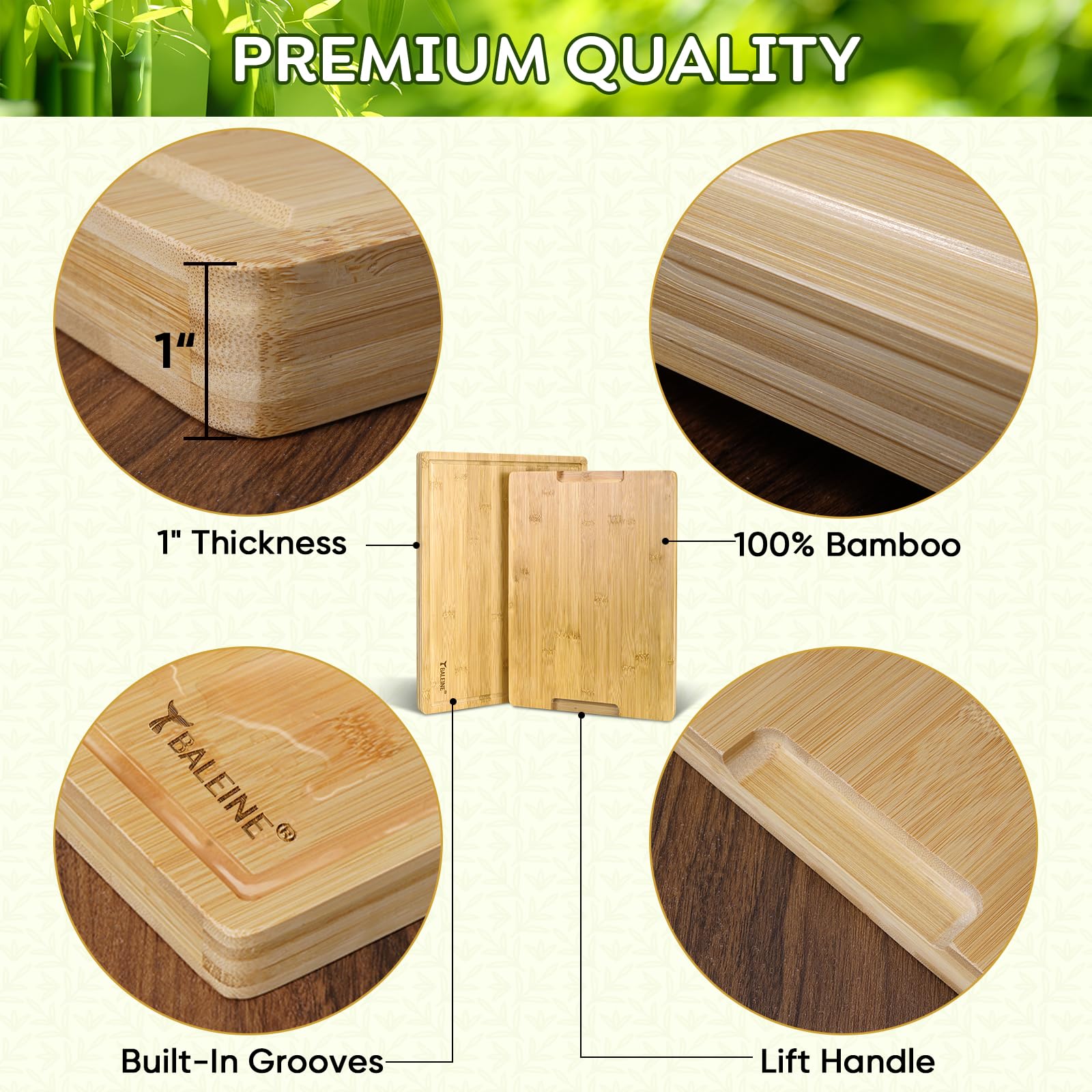 BALEINE Large Bamboo Cutting Board, 1” Extra Thick Cutting Boards for Kitchen, Wood Cutting Board with Integrated Juice Grooves and Handles (16" x 11" x 1")