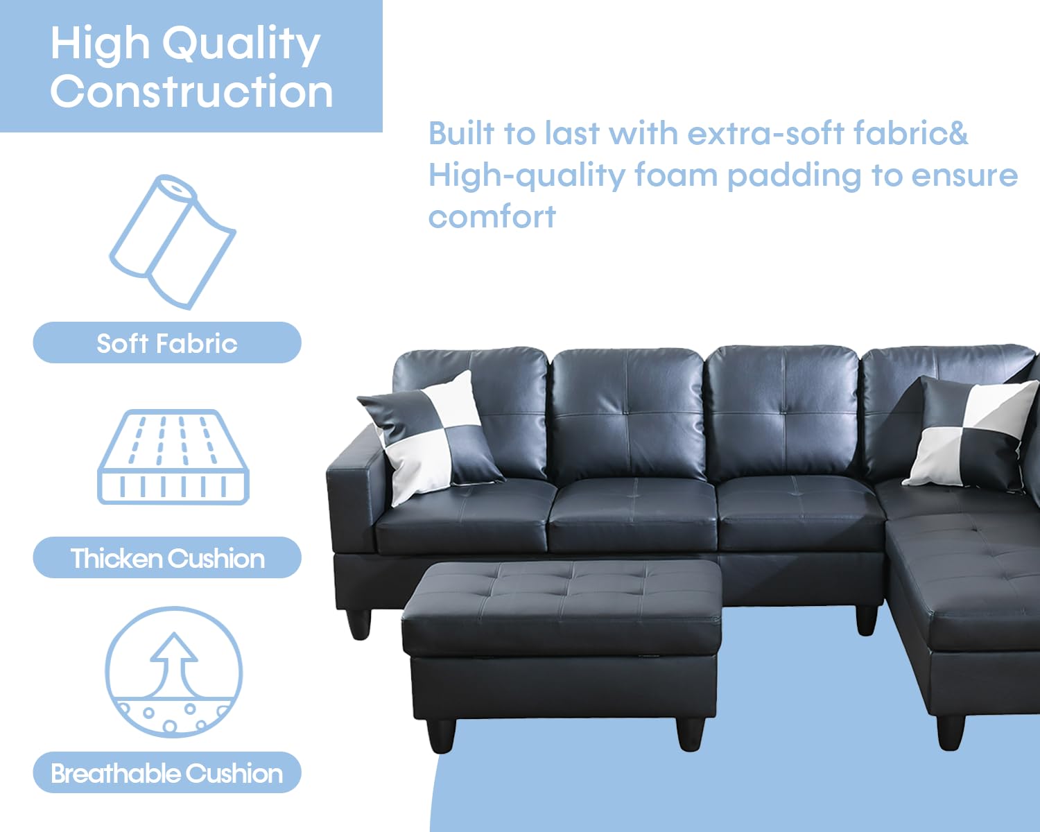 Caberryne Sectional Couch for Living Room Furniture Sets,Black Leather Sectional Sofa L Shape Couch with Chaise and Storage Ottoman for Living Room/Apartment/Office(Facing Right Chaise)