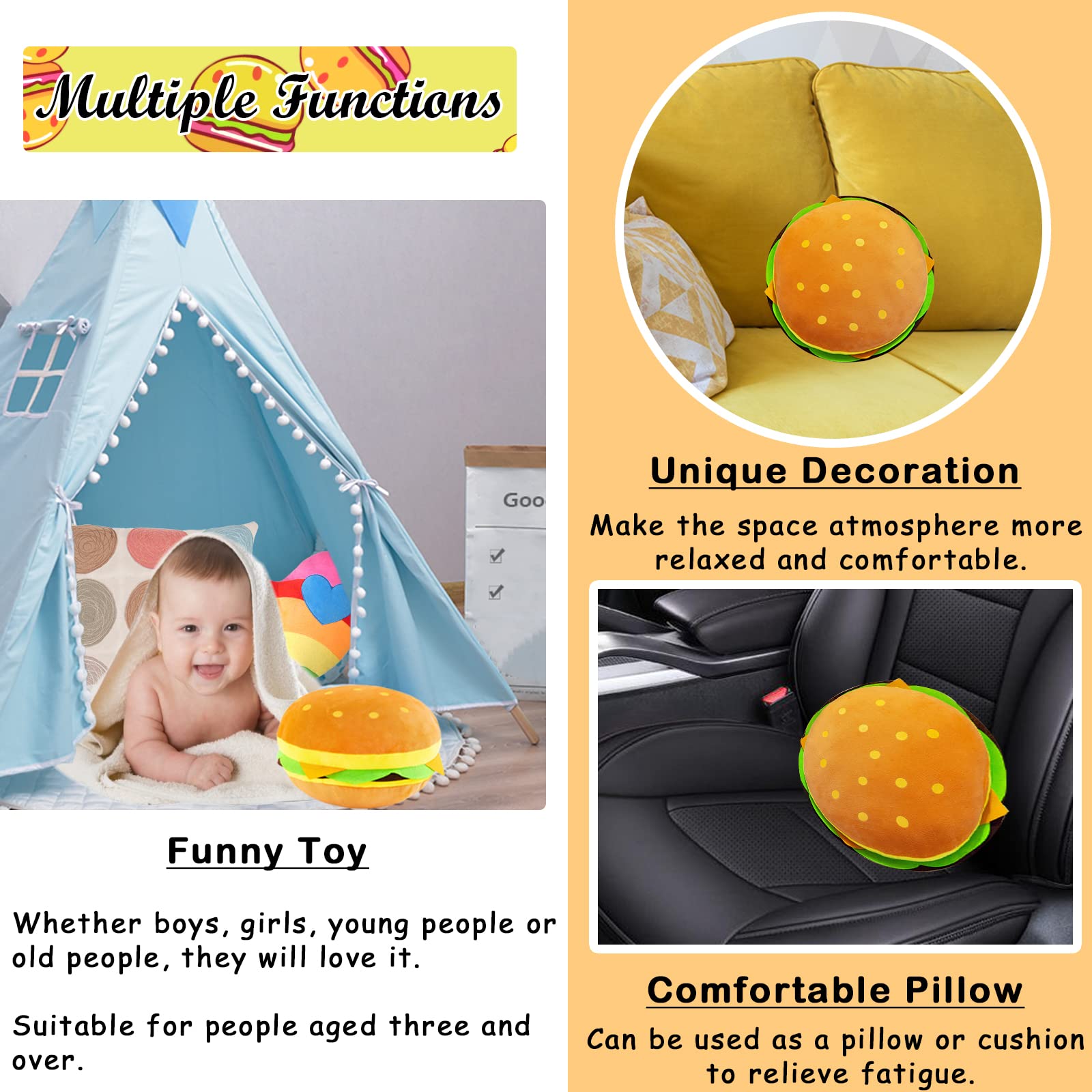 zhidiloveyou Hamburger Pillow Plush Cheeseburger Toy Cute Stuffed Food Pillow for Kids, 11.8"