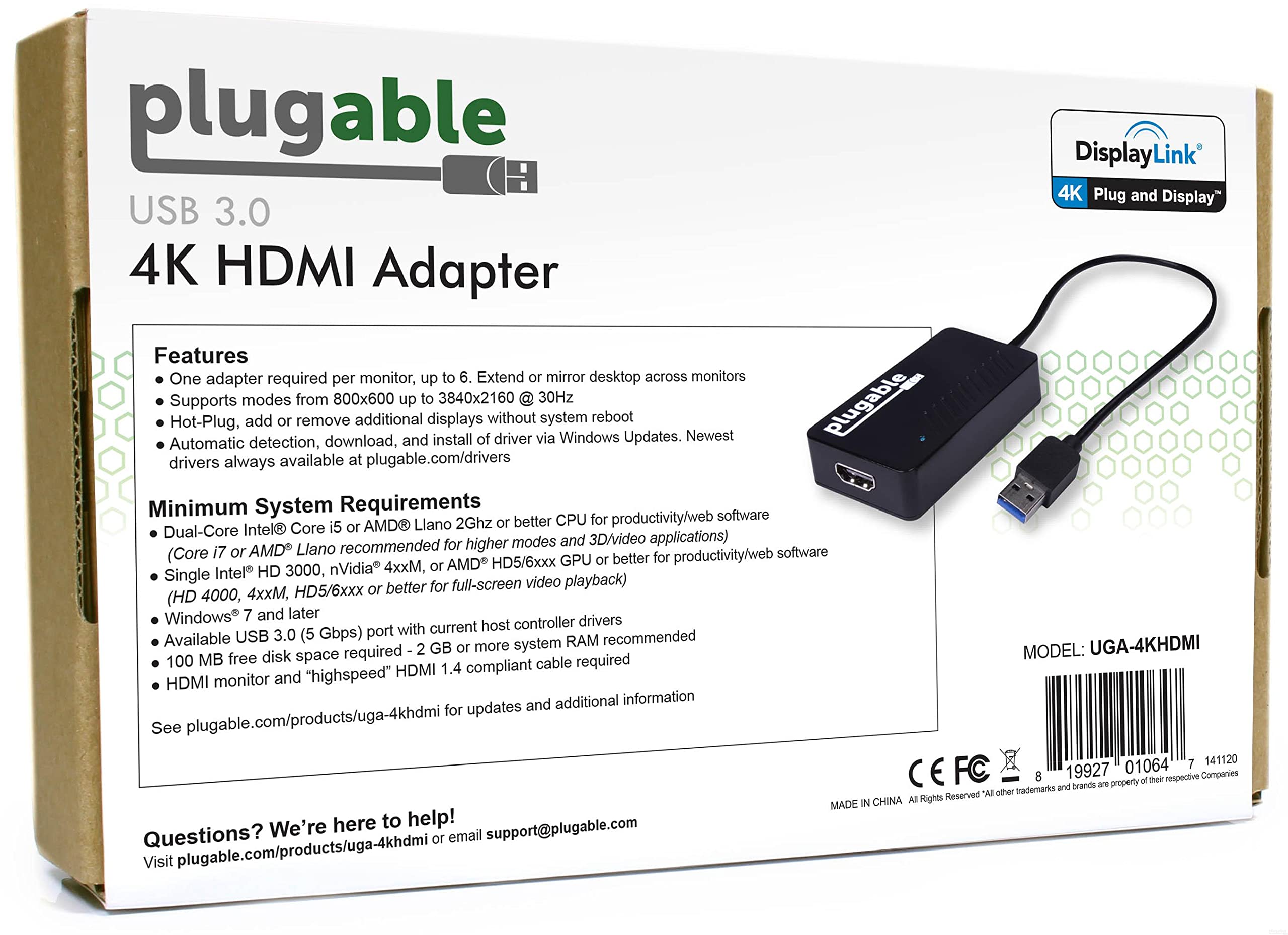 Plugable USB 3.0 to HDMI 4K DisplayLink Video Graphics Adapter for Multiple Monitors up to 3840x2160 Supports Windows, Mac, and ChromeOS