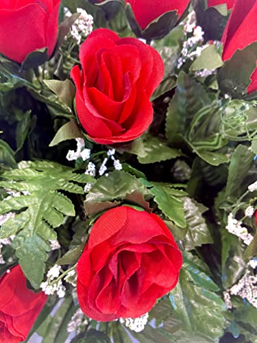 Cemetery Flowers for Grave Decoration with Red Rose Buds and Baby's Breath made into a Saddle Arrangement for Headstones