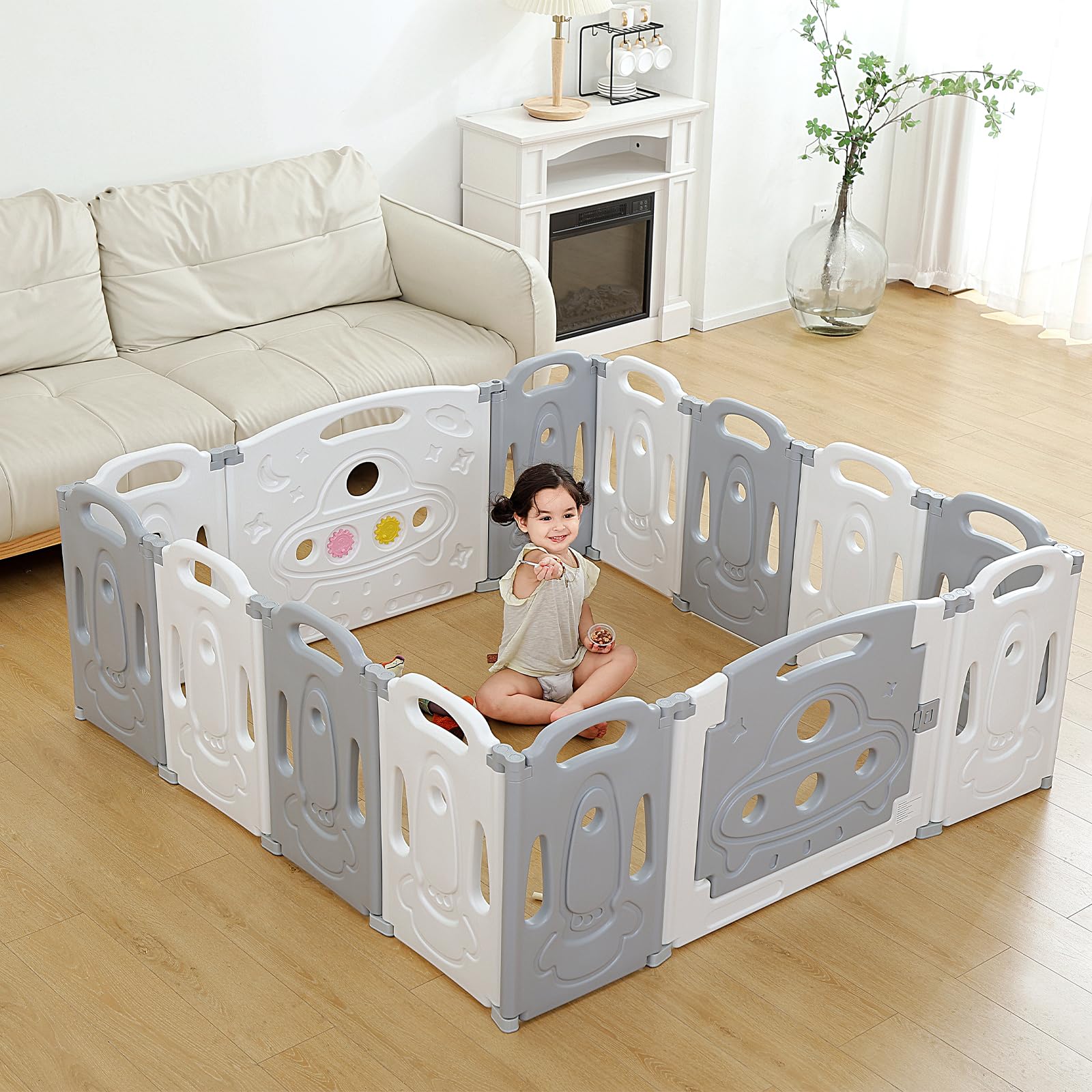 Baby Playpen Kids Activity Centre Safety Play Yard Home Indoor Outdoor New Pen (Multicolour) (Grey White)