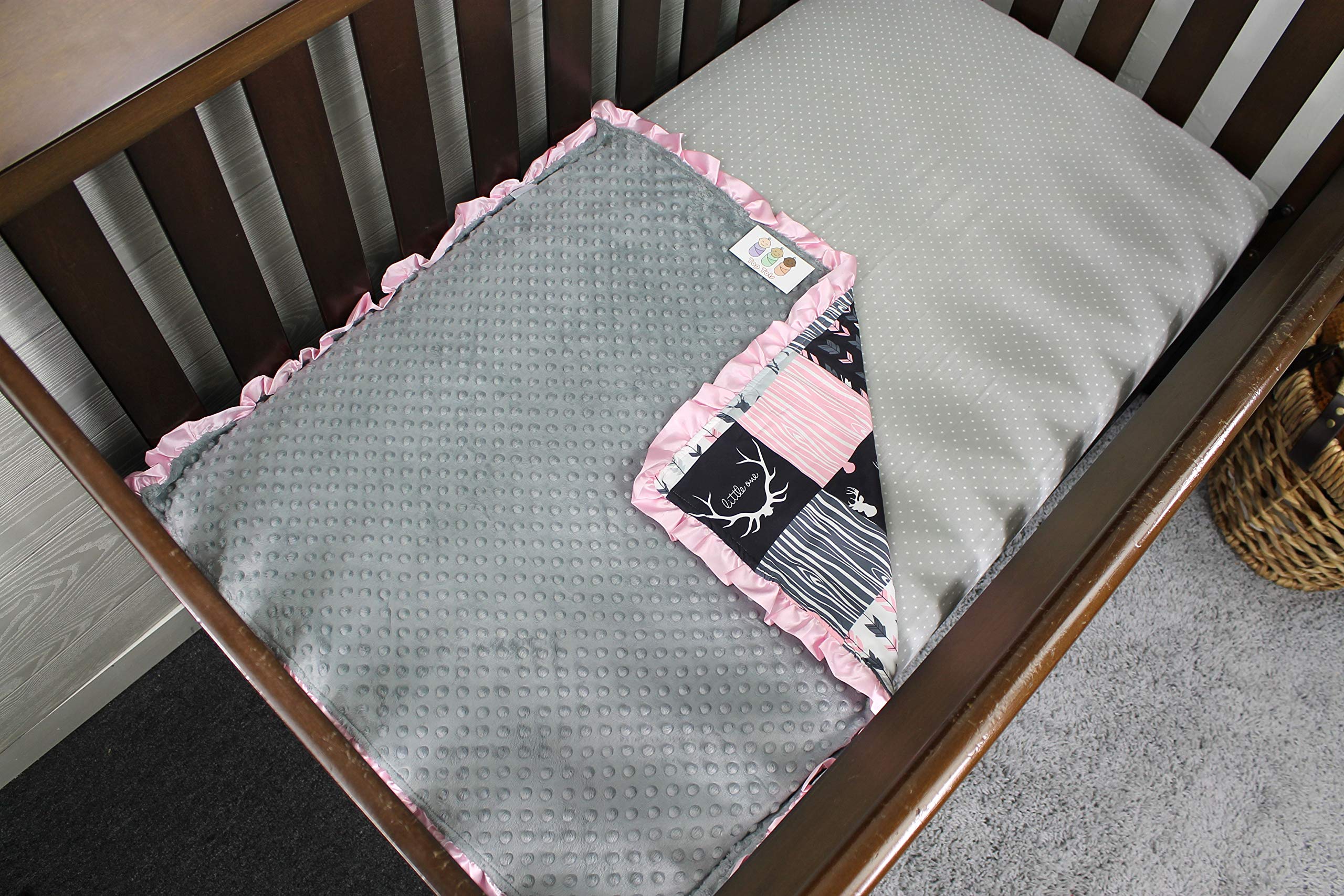 Baby Blanket - Minky, Deer, Arrows and Antlers, Pink with Gray and Black, with Pink Ruffles