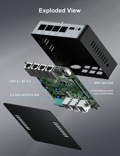 Baieyu Firewall Mini PC Quad Core Celeron J4125 with 8GB DDR4 256GB SSD OPNsense Firewall PC Support 4K HD, 4 × 2.5GbE LAN, 1 × HD, 1 × RS232 COM, 2 × USB3.0, 4 × USB2.0 Ports, Dual Band WiFi, BT4.0