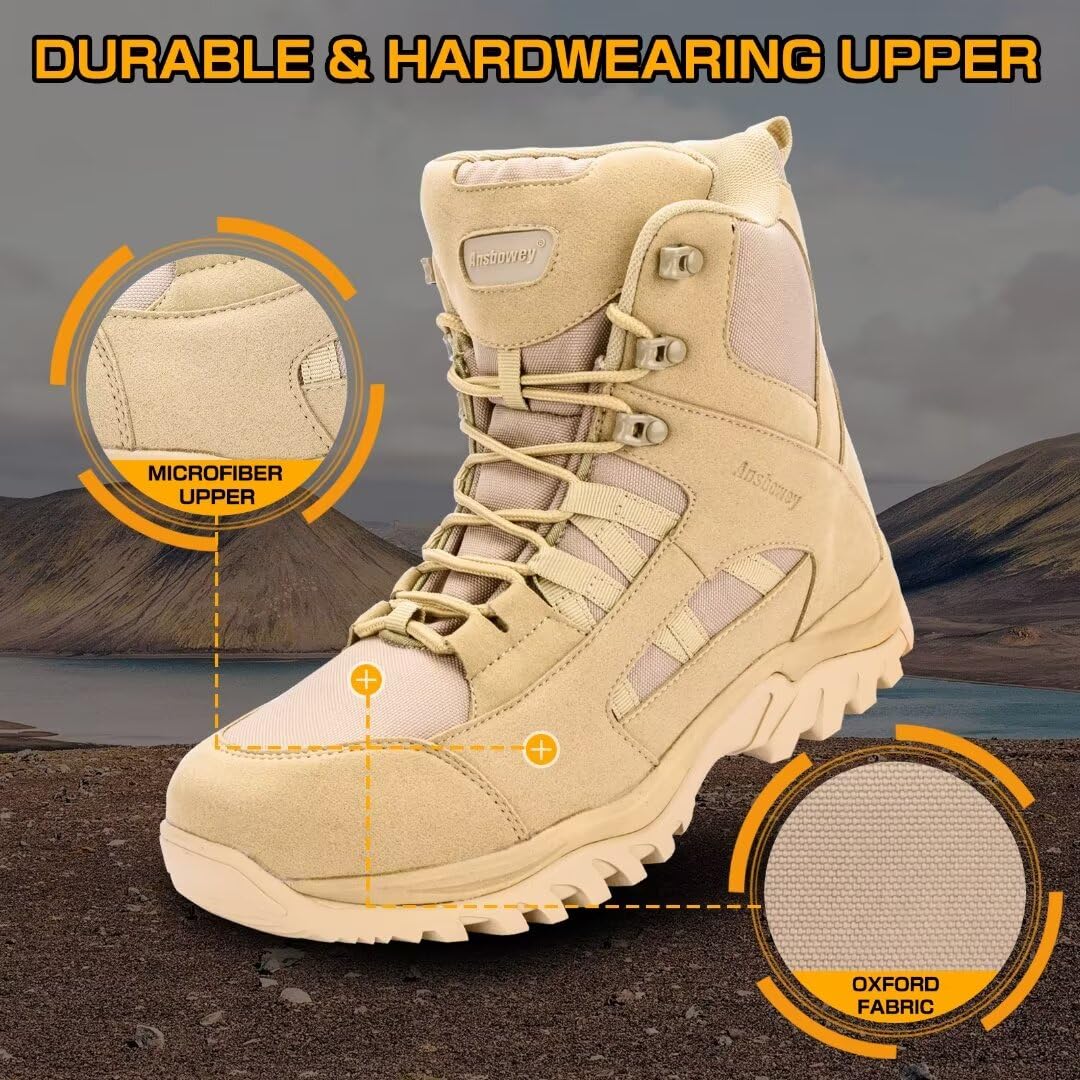 Ansbowey Mens 6" YKK Side Zip Hiking Boots Outdoor Trekking Backpacking Boot Mid Top Hiker Boot for Men Brown Sand 13 US