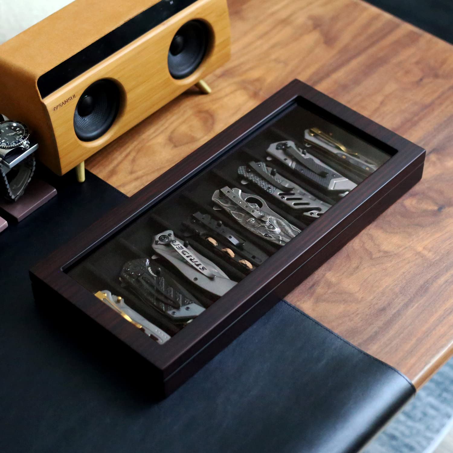 Besforu Knife Display Case Organizer storage 8 pocket knives, Folding Knife Holder with Real Glass Window Top, Pocket knife collection box for men gift (Ebony Veneer 8 slot)