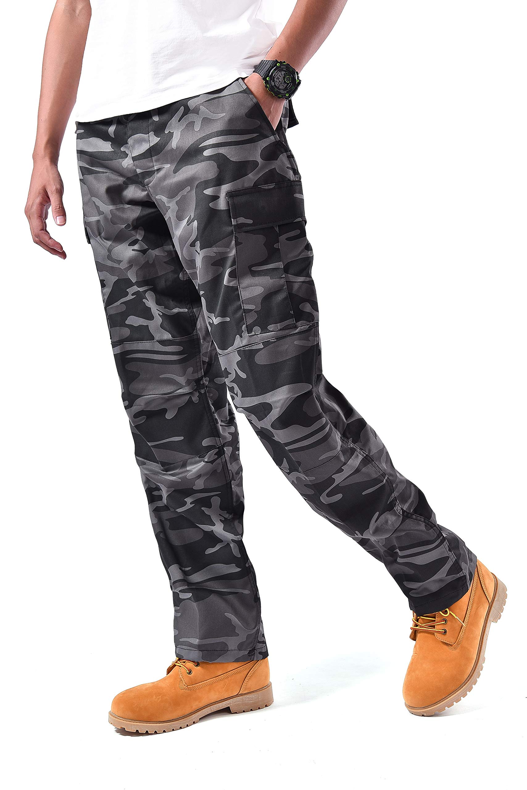 BACKBONE Mens Fashion Bright Camouflage Cargo Pants Military Combat Style BDU Pants (XL, Black Camo)