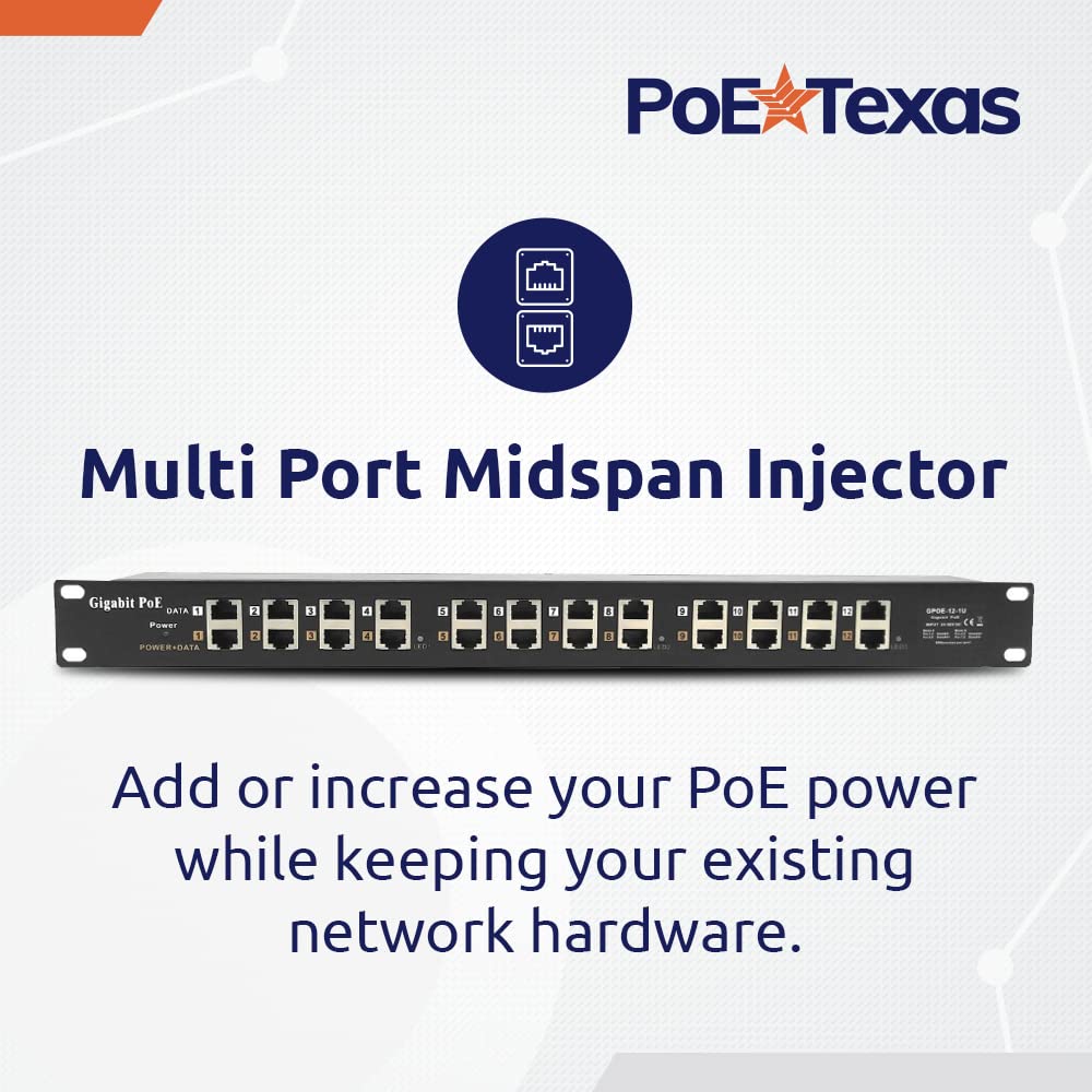 PoE Texas - PoE Injector - 12 Port Gigabit Passive Midspan Injector with 24V 120 Watt UL Power Supply - Power Over Ethernet for Ubiquiti and Mikrotik WAP, IP Camera and 24 Volt Passive PoE Devices