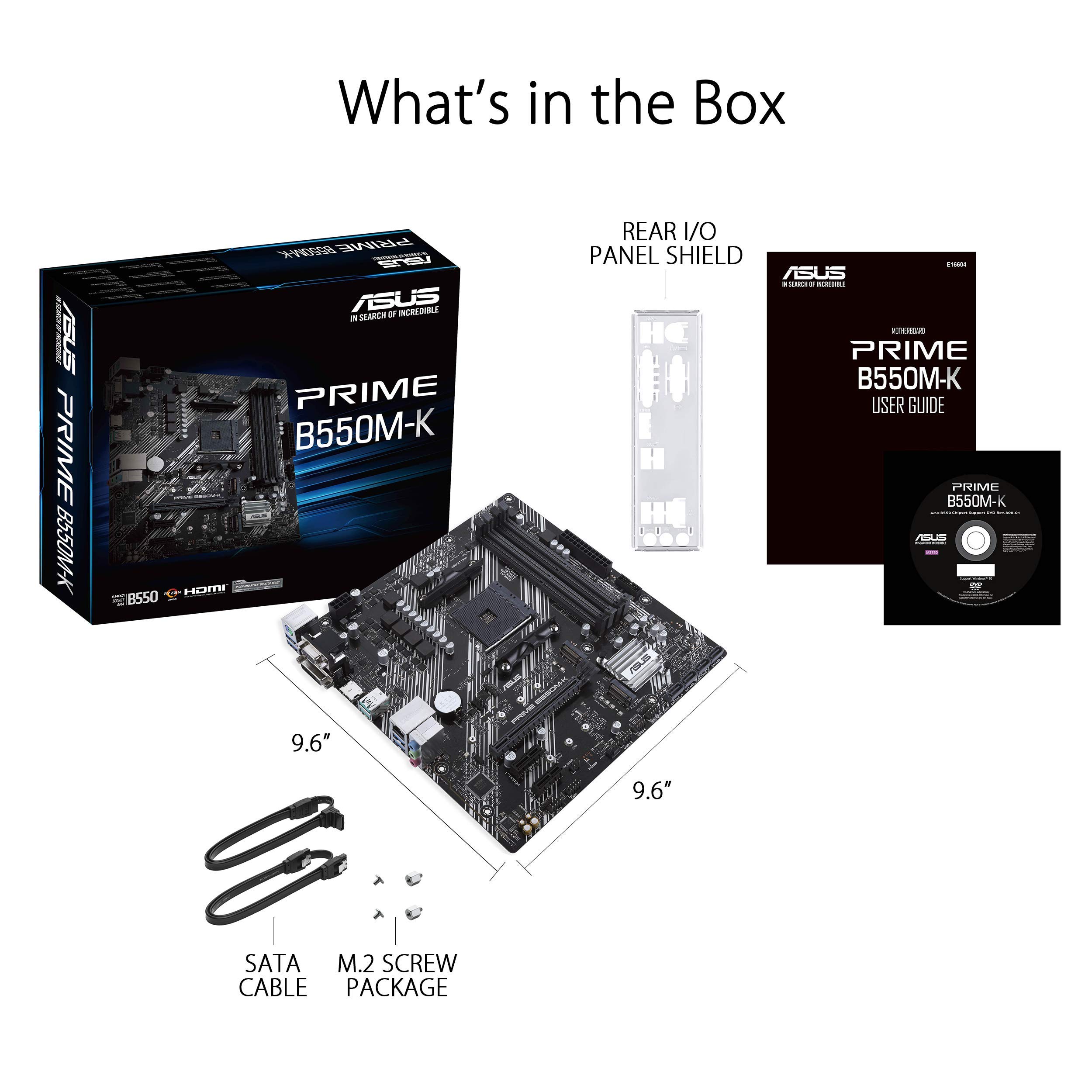 ASUS Prime B550M-K AMD AM4 Zen 3 Ryzen 5000 & 3rd Gen Ryzen Micro-ATX Motherboard (PCIe 4.0, ECC Memory, 1Gb LAN, Dual M.2, USB 3.2 Gen 2 Type-A,HDMI 2.1 4K@60Hz, DVI, D-Sub) Silver