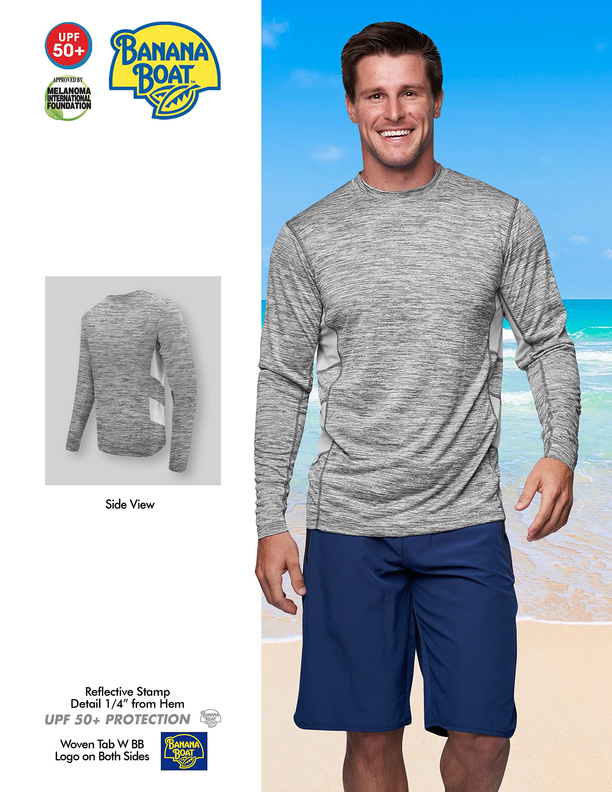 Banana Boat Mens Long Sleeve UPF 50+ Water Proof | UV Protection | Wind Proof | Breathable Performance Tee with Mesh Panels | Space Grey
