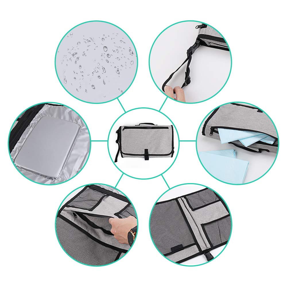 Baby Portable Changing Pad, Waterproof Diaper Bag, Travel Mat Station Built-in Head Cushion and Pockets Grey Large