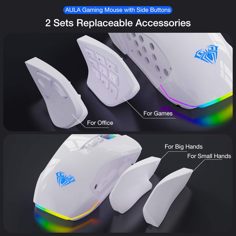 AULA H510 MMO Gaming Mouse with 9 Side Buttons, 10,000 DPI, RGB Backlit Ergonomic Office Games USB Wired Computer Mice, White