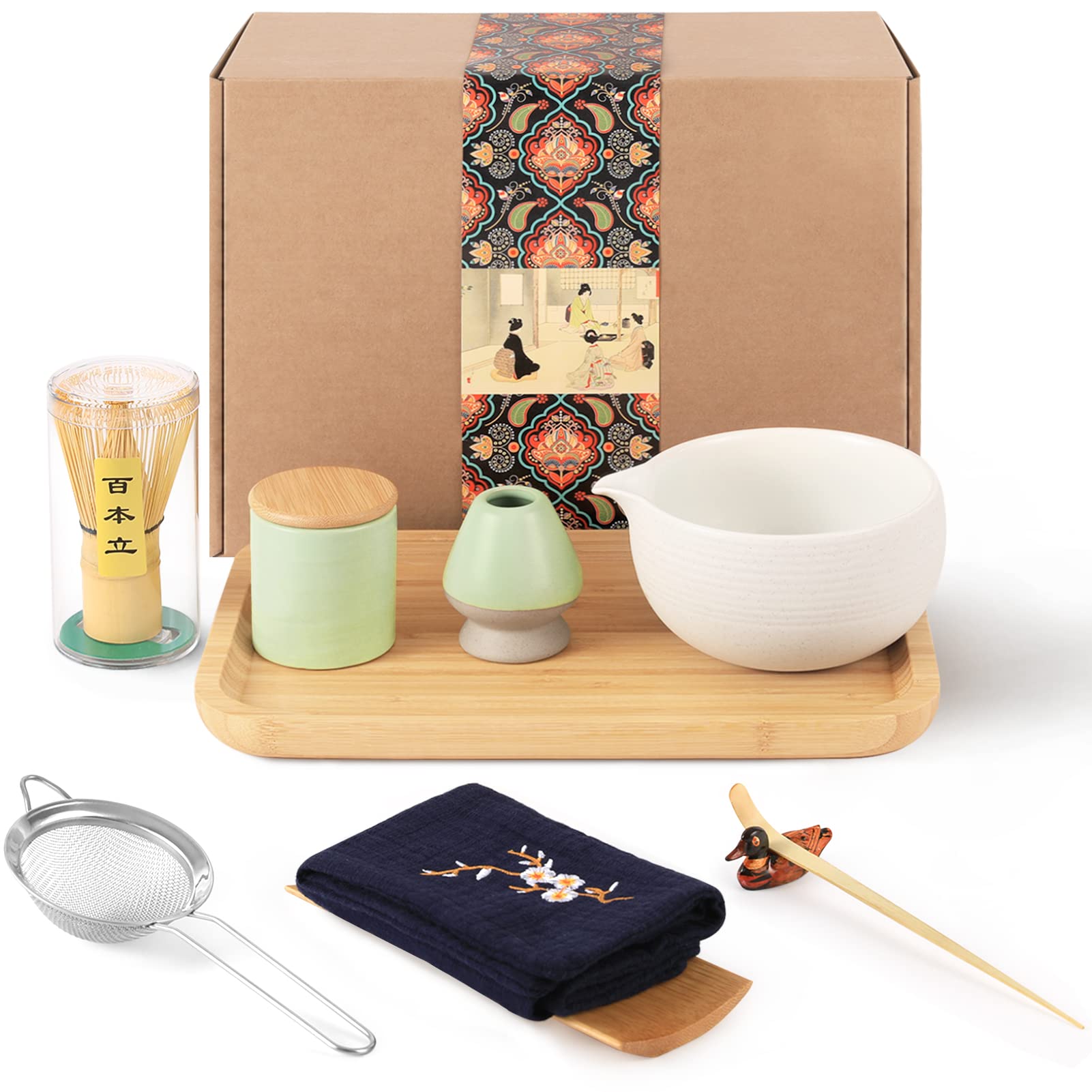 Artcome Japanese Matcha Tea Set, Matcha Bowl with Pouring Spout, Tea Tray, Bamboo Whisk, Ceramic Whisk Holder, Handmade Matcha Ceremony Kit For Japanese Tea Ceremony (10Pcs)
