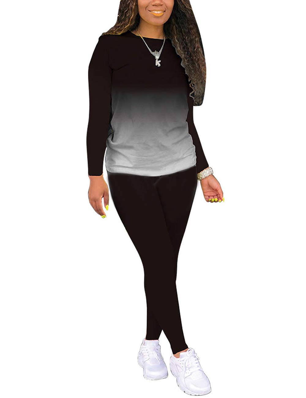 Angsuttc 2 Piece Pants Outfits for Women, Gradient Long Sleeve Pullovers and Skinny Pants Set Tracksuit Black XXL