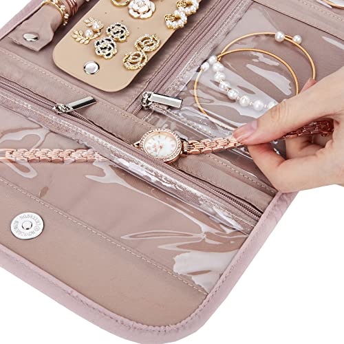 BELALIFE Travel Jewelry Case Organizer, Foldable Jewelry Storage Roll for Earrings, Necklaces, Rings, Bracelets, Brooches, Pink