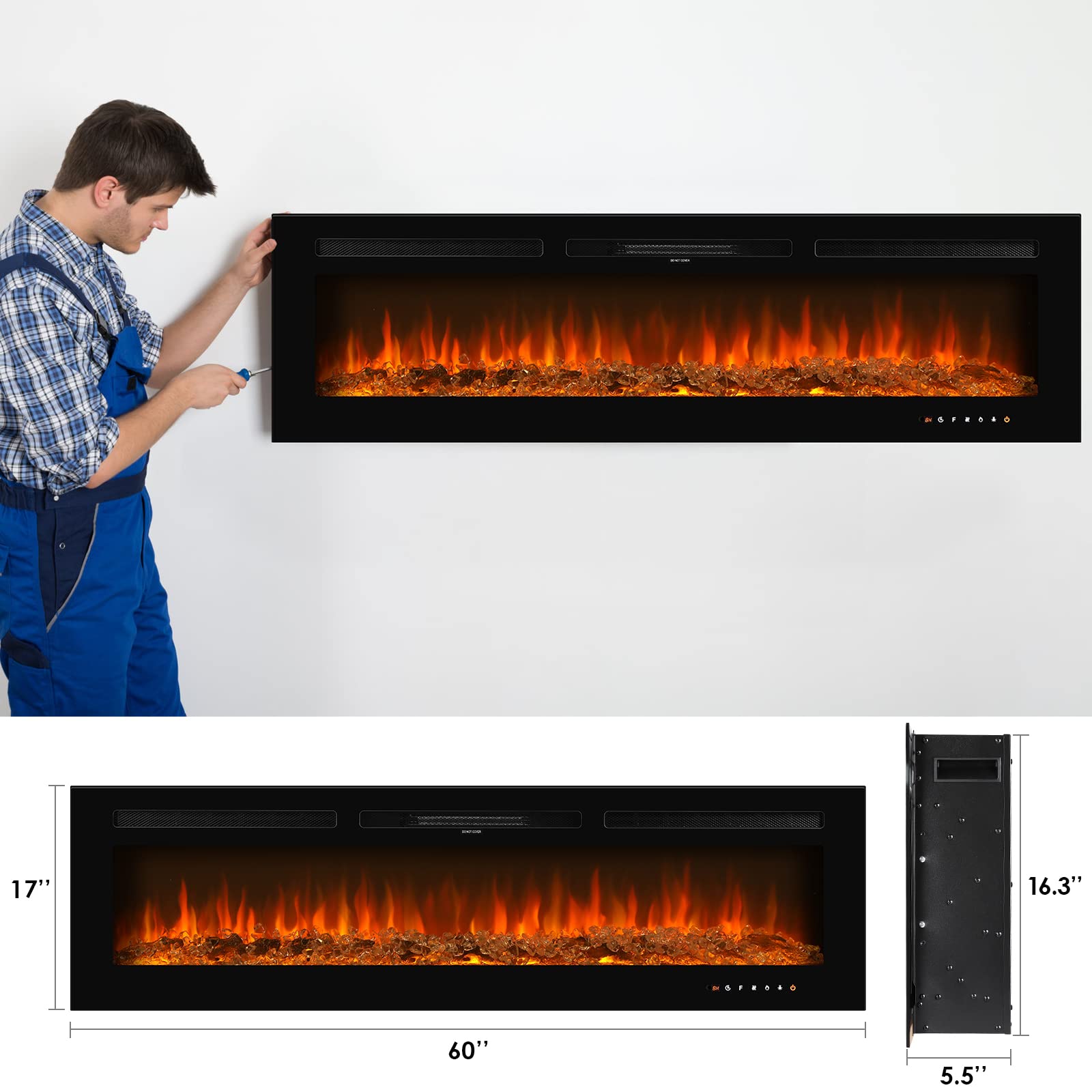 AthLike 60'' Recessed and Wall Mounted Electric Fireplace, 750/1500W Low Noise Linear Heater, with Multicolor Flame and 5 Flame Brightness, Log&Crystal, Touch Screen Remote Control,1-8h Timer, Black
