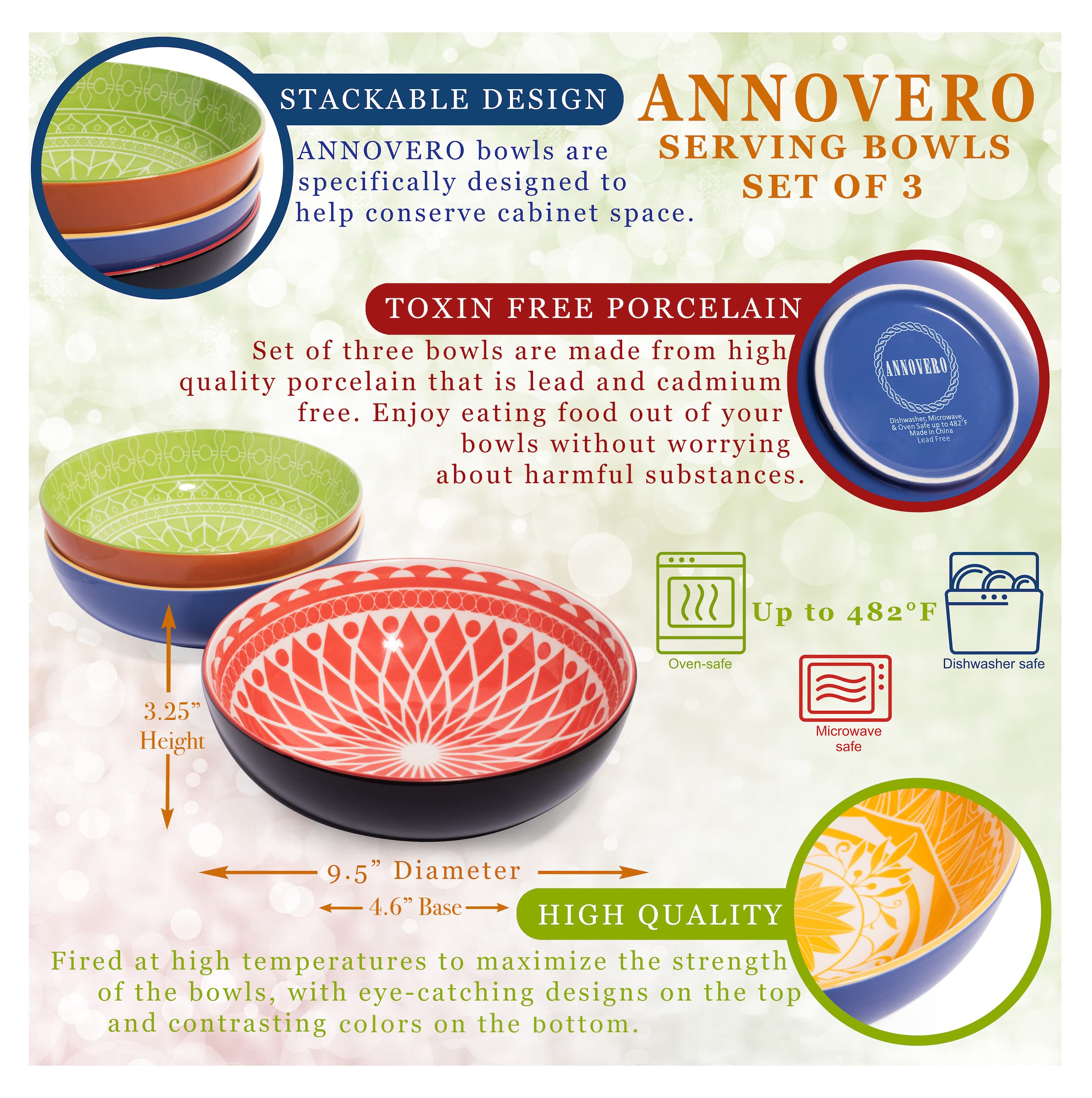 Annovero Serving Bowls (72 oz capacity), Pasta Bowls (42 oz capacity), Large Bowls for Soup or Salad, Set of 6 Each, Bundle