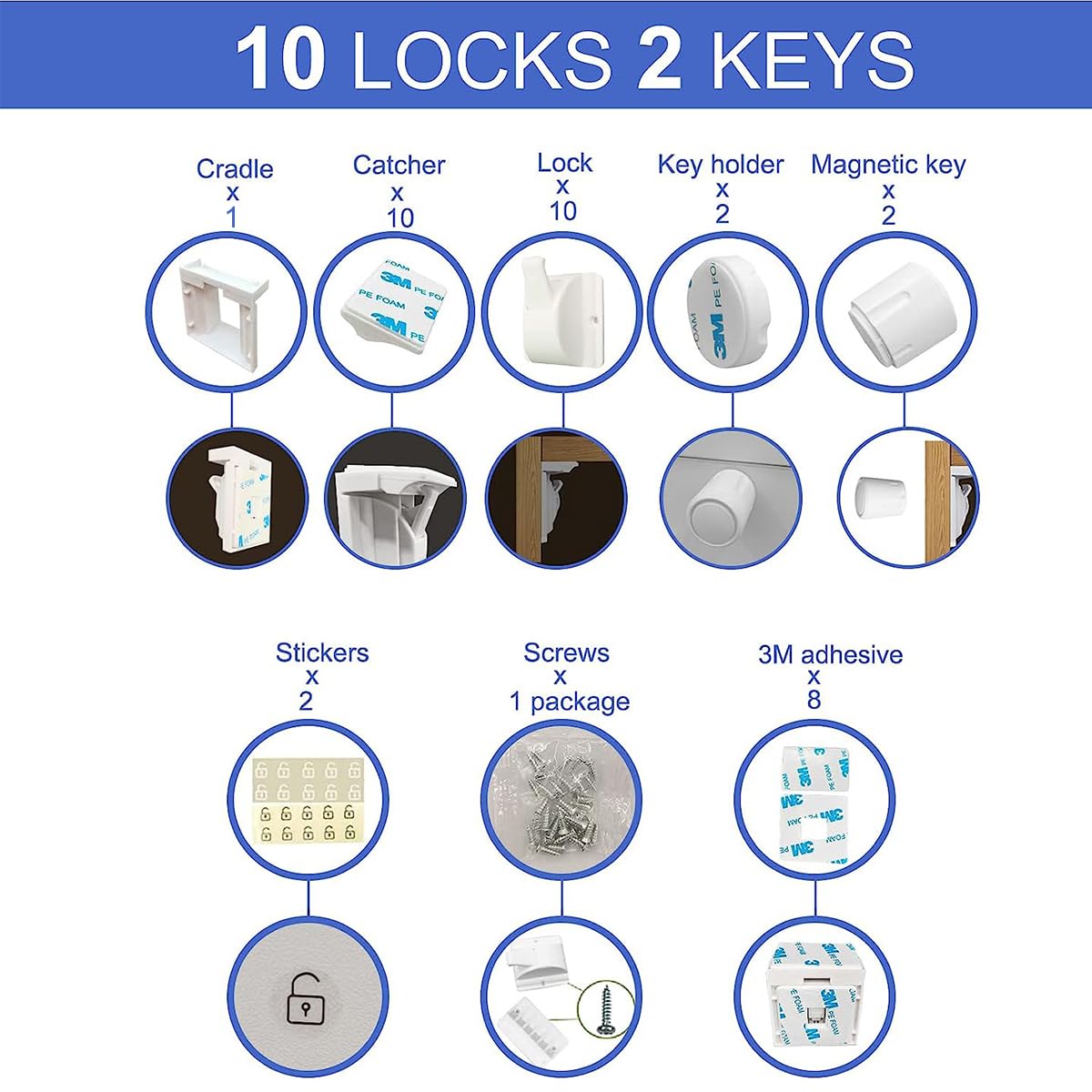Baby Proofing Magnetic Cabinet Locks, Child Proof Safety Latches for Drawer Cupboard Kitchen Bedroom, Adhesive or Screw Two Installation Methods (10 Locks & 2 Keys)