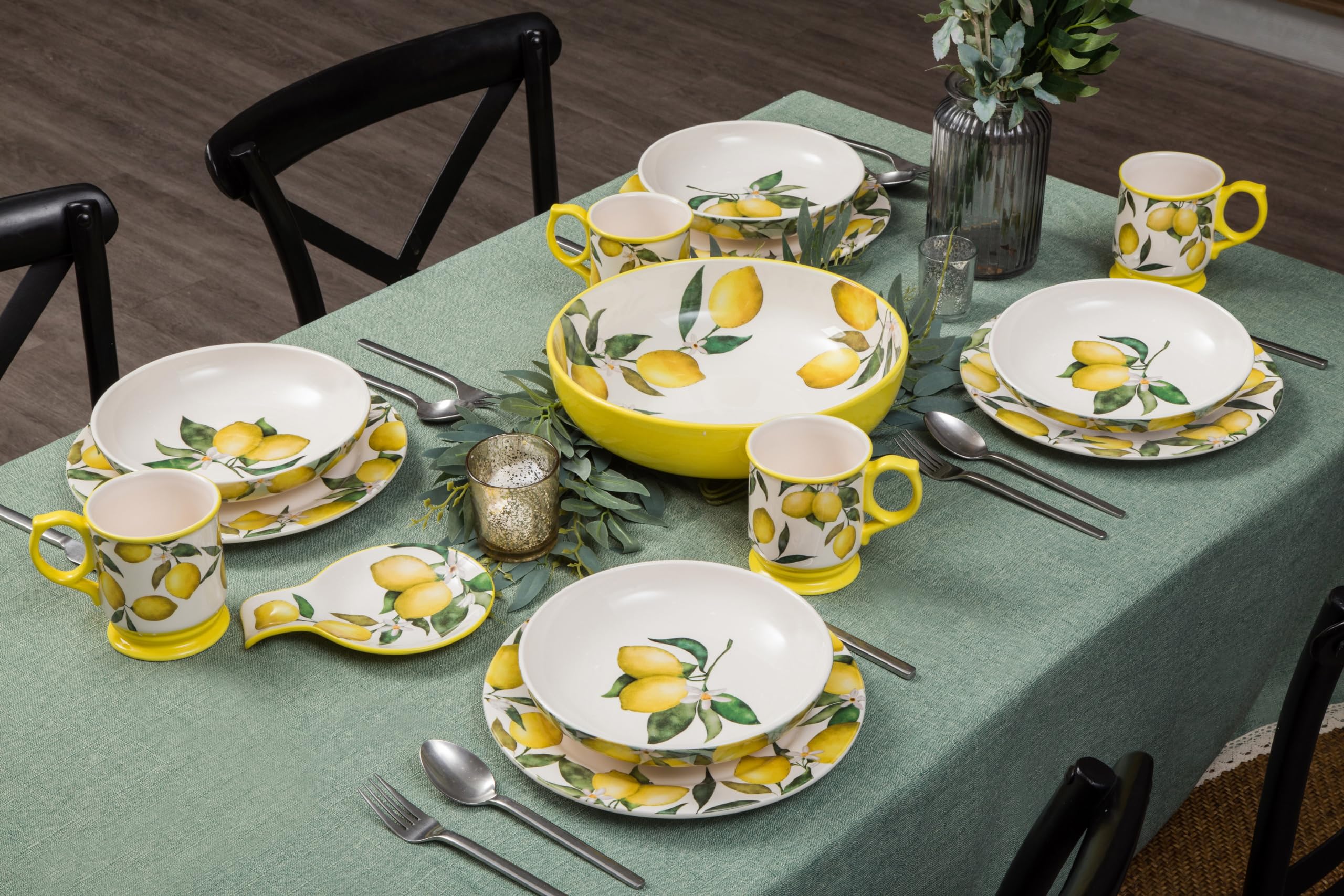 Bico Lemon Dreams Ceramic Pasta Bowl, Set of 5(1 unit 214oz, 4 units 35oz), for Pasta, Salad, Microwave & Dishwasher Safe