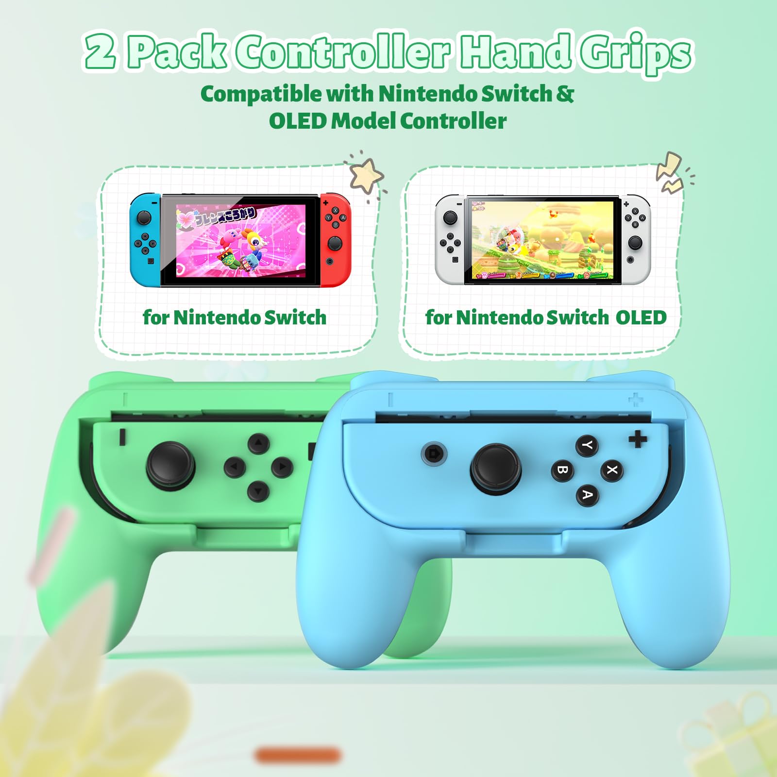 FASTSNAIL Grips Compatible with Nintendo Switch for Joy Con & OLED Model for Joycon, Wear-resistant Handle Kit Compatible with Joy Cons Controllers, 2 Pack(Light Green and Light Blue)