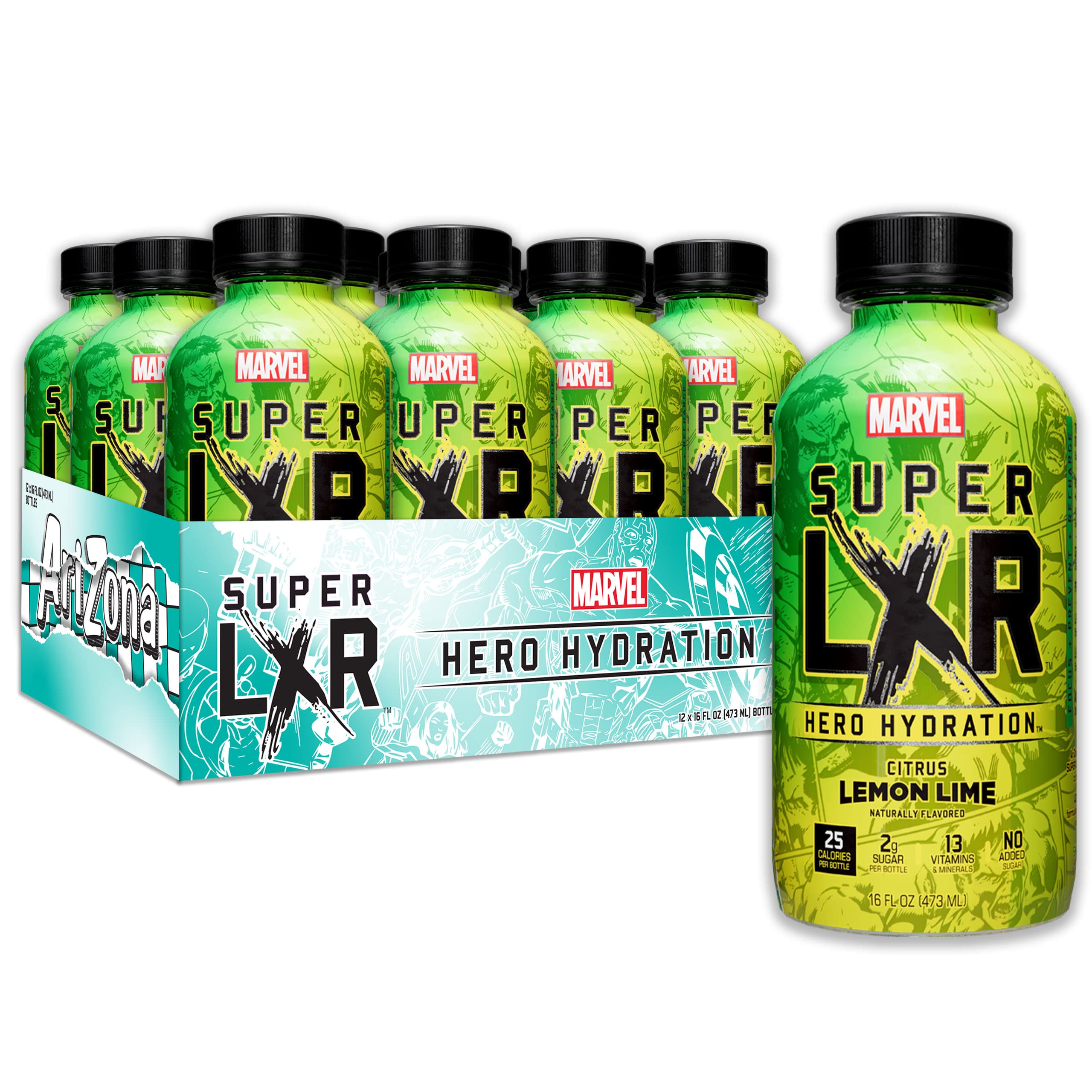 AriZona x Marvel Super LXR Hero Hydration - Citrus Lemon Lime - 16oz (Pack of 12) – Low Sugar Sports Drink, Perfect for Athletes, Vitamins and Natural Flavors - Thirst Quencher