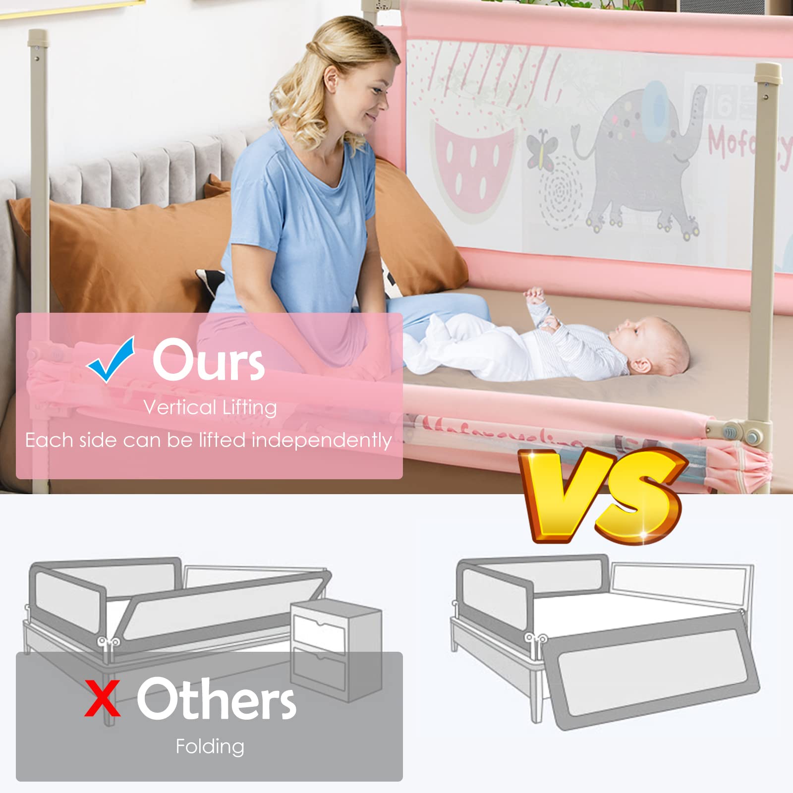 BABY JOY Bed Rail for Toddlers, 57ββ Extra Long, Height Adjustable & Foldable Baby Bed Rail Guard w/Breathable Mesh & Double Safety Child Lock for Kids Twin Double Full Size Queen King Mattress, Pink