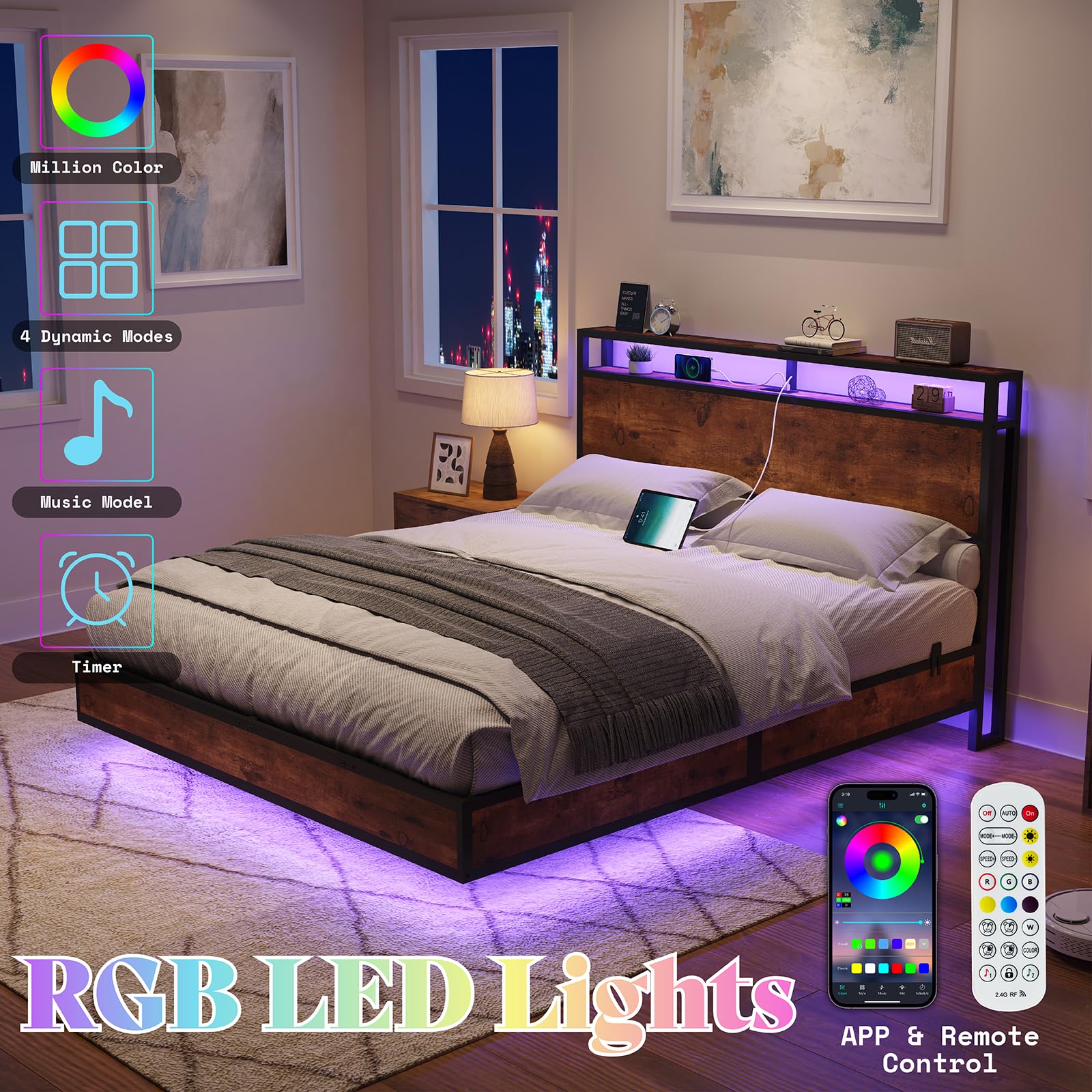 AMERLIFE Queen Size Floating Bed Frame with 2-Tier Storage Headboard, Metal Bed Frame with Charging Station & LED Lights, No Box Spring Needed, Rustic Grey