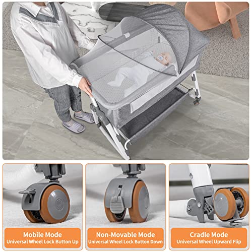 Baby Bassinet, Bedside Bassinet for Baby, Bassinet Bedside Sleeper with Wheels, 5 Height Adjustable, Baby Bassinet Sleeper Included Mosquito Net + Storage Basket… Grey