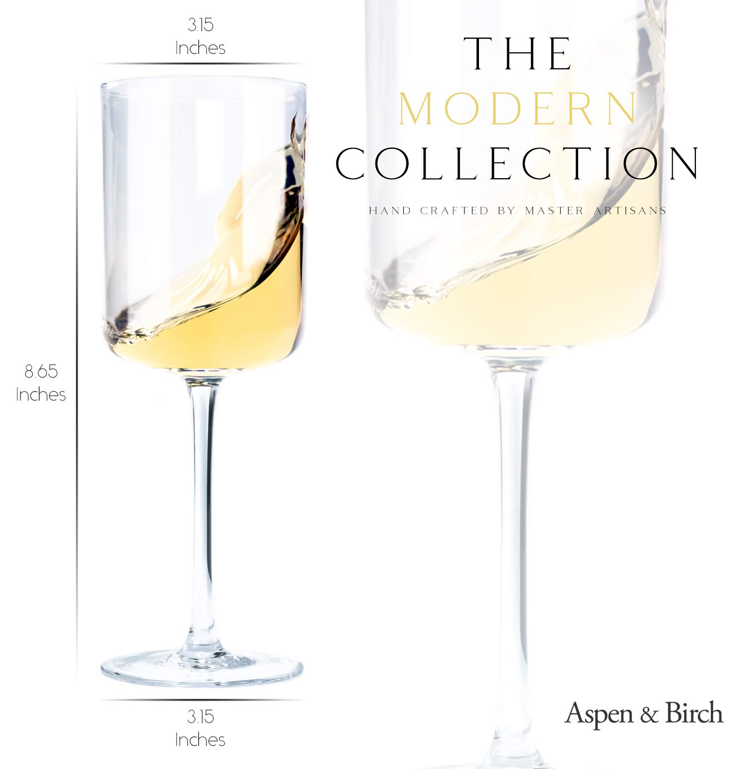 Aspen & Birch - Modern Wine Glasses Set of 4 - Red Wine Glasses or White Wine Glasses, Premium Crystal Stemware, Long Stem Wine Glasses Set, Clear, 15 oz, Hand Blown Glass Crafted by Artisans