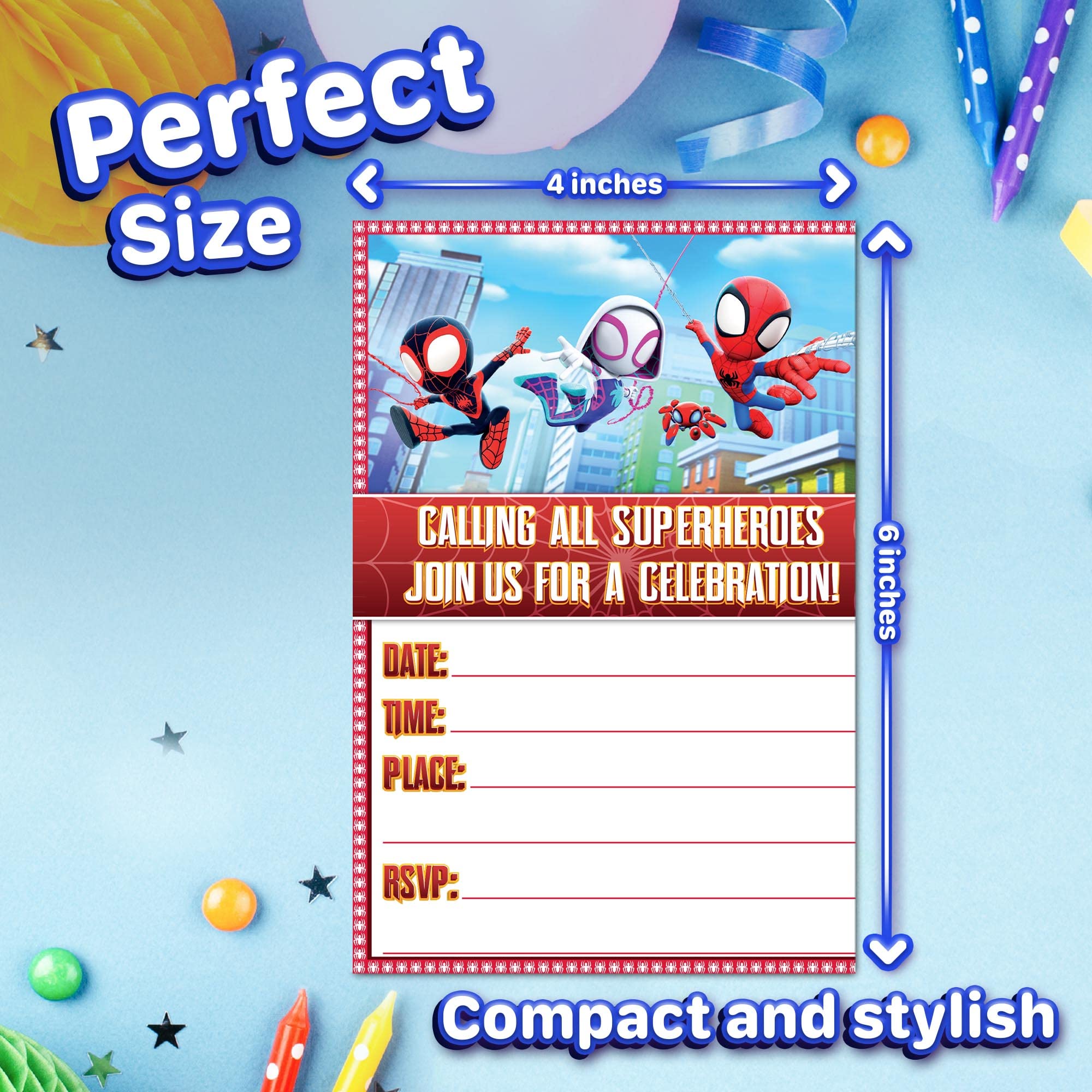 Set of 20 Spidey -Themed Happy Birthday Invitation Cards & Envelopes - Lightweight (240g), Postcard Style Invites for the Perfect Party Pack