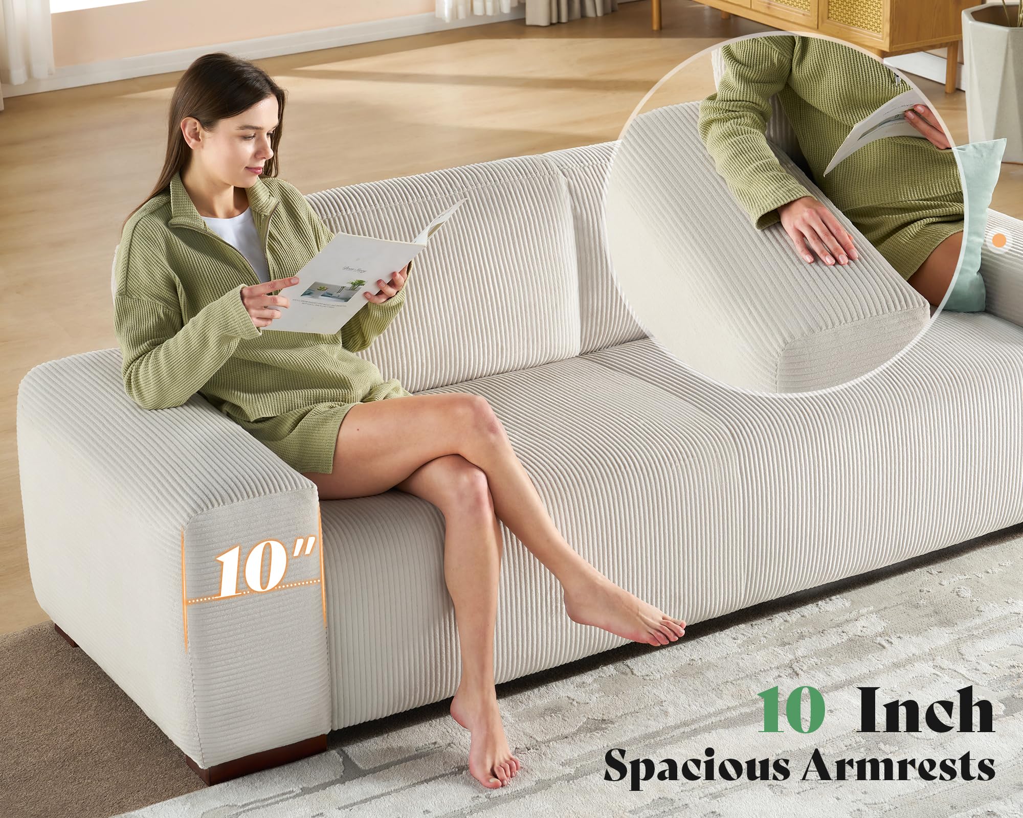 AMERLIFE Sofa, 89 inch Oversized Couch with Thick Armrest, Comfy Sofa Couch for Living Room-3 Seater Sofa in White Corduroy