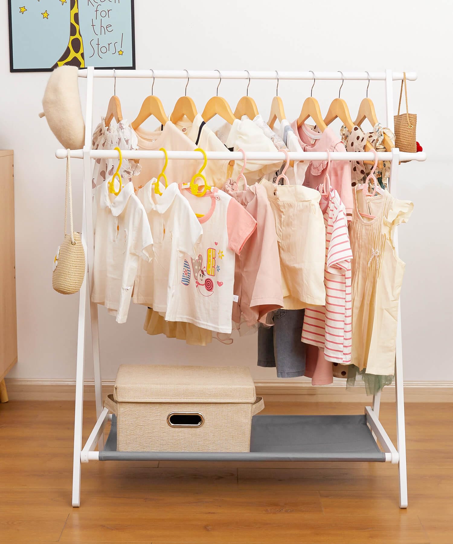 Cozivolife Kids Clothing Rack with 2 Hanging Rods and 4 Hooks, Kids Dress Up Rack with Bottom Storage Shelf, Child Garment Rack, Small and Foldable, Bamboo (White)