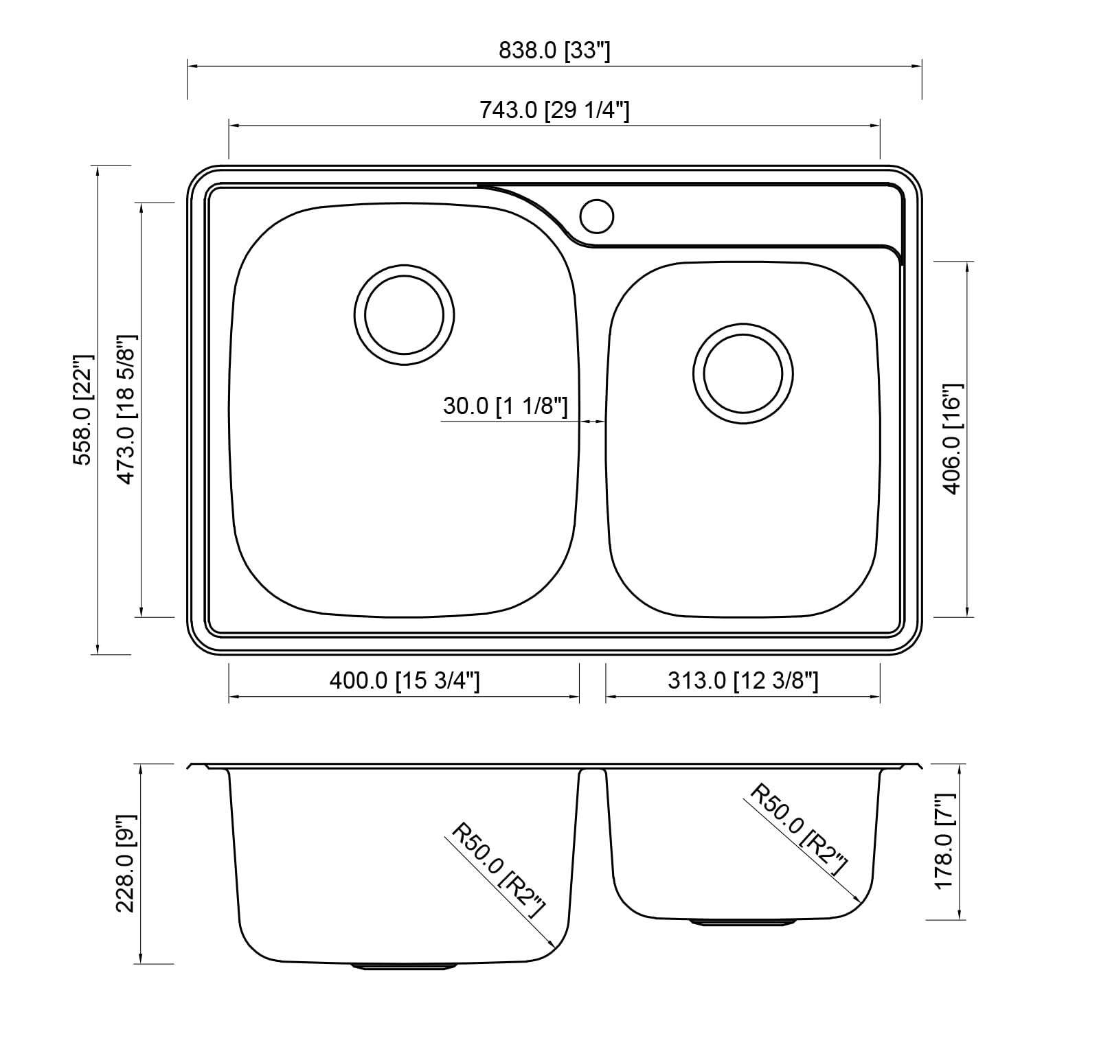CozyBlock 33 x 22 x 9 Inch 60/40 Offset Top-mount/Drop-in Stainless Steel Double Bowl Kitchen Sink with Strainer and Protective Bottom Grid - 18 Gauge Stainless Steel-1 Faucet Hole