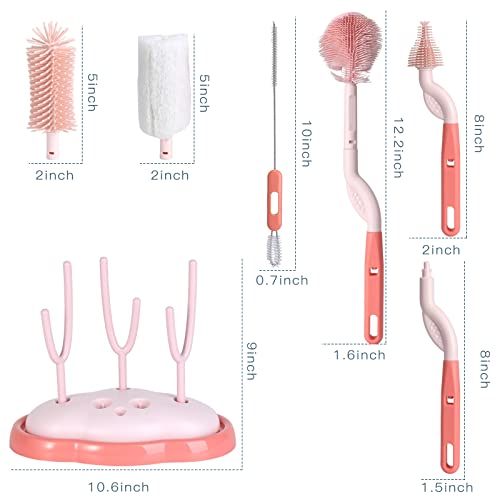 Baby Bottle Brush and Drying Rack, VOOWO Rotating Silicone Bottle Brush with Long Handle, Bottle Drying Rack with Bottle Cleaner Brush & Nipple & Straw Cleaner (Pink Rotating Brush & Drying Rack)
