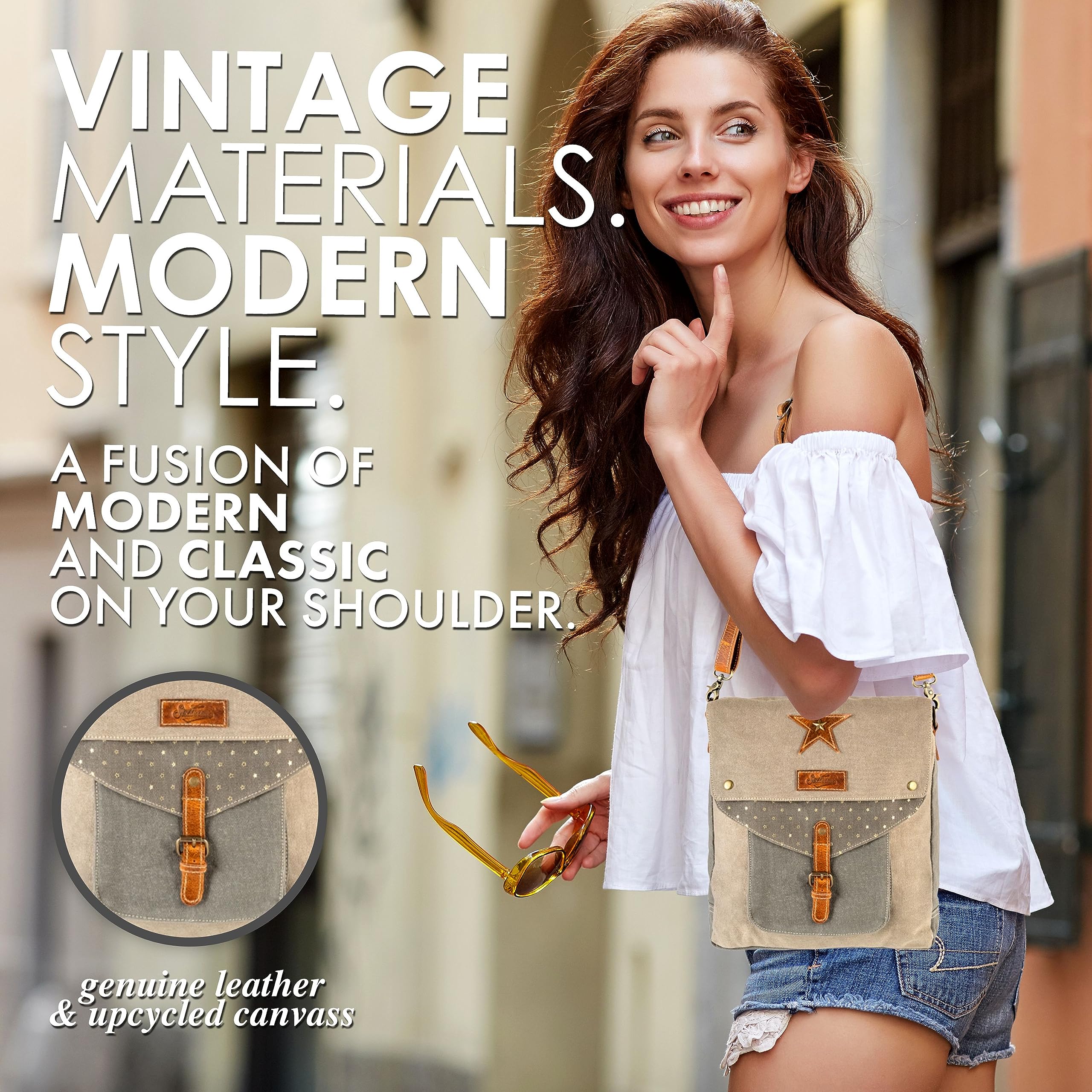 SIXTEASE Womens Shoulder Bag Vintage Style Shoulder Bags for Women - Made with Genuine Leather, Upcycled Canvas, or Hair On - Handmade, Adjustable Strap, Brass and Zinc Hardware - Miranda