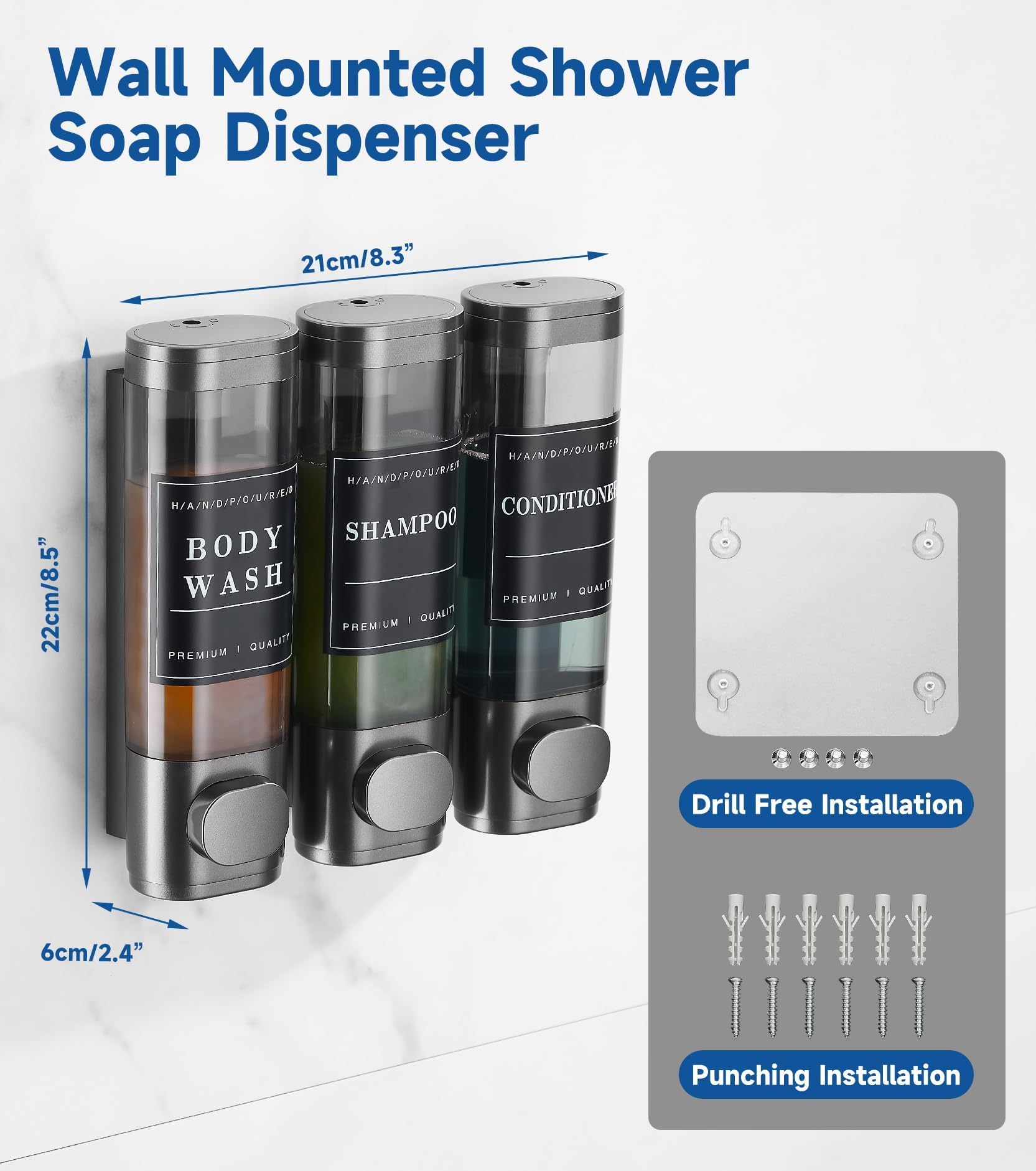 Cabo Deseado Shower Soap Dispenser Wall Mounted No Drill Shampoo Dispenser for Shower Wall Shampoo and Conditioner Dispenser Bathroom Hotel 3 * 300ml Gungray with Labels